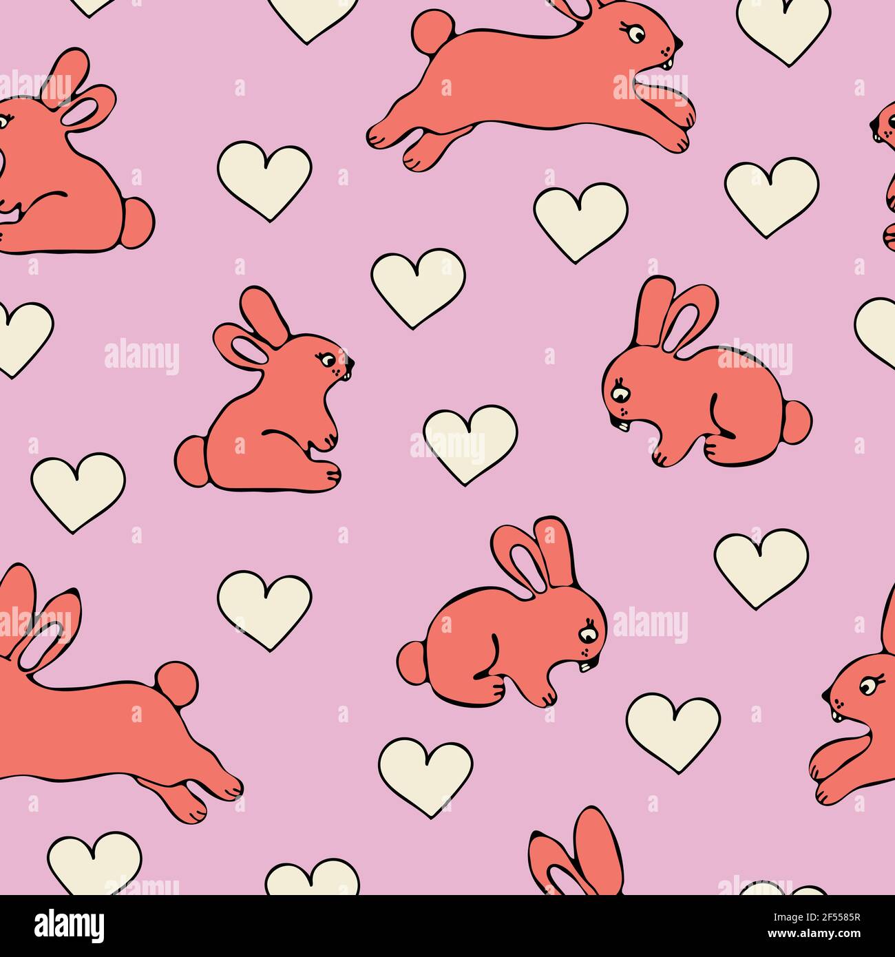 Seamless vector pattern with pink rabbits and love harts on light pink ...