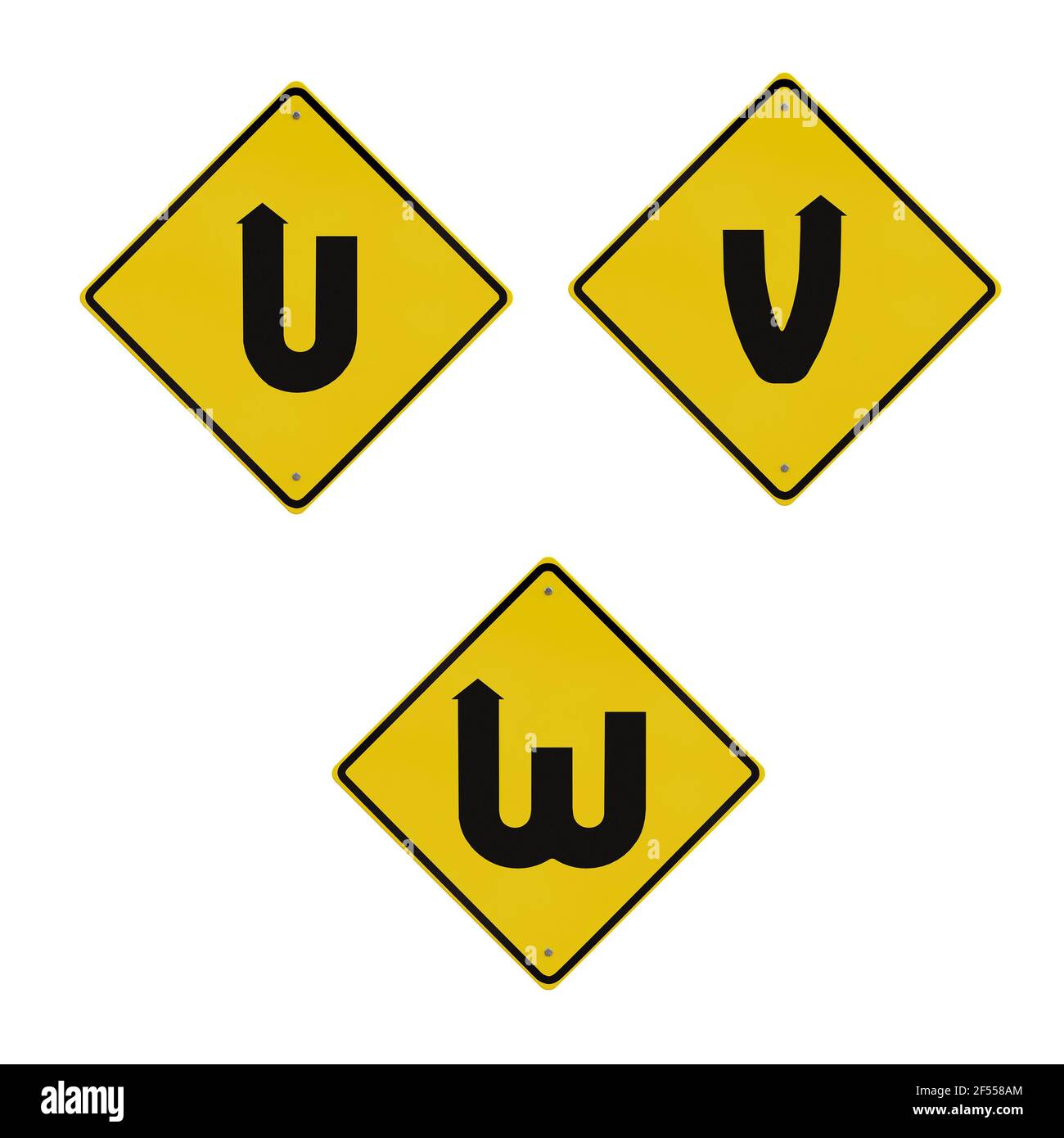 3D rendering of warning roadsign alphabet - letters U-W Stock Photo - Alamy