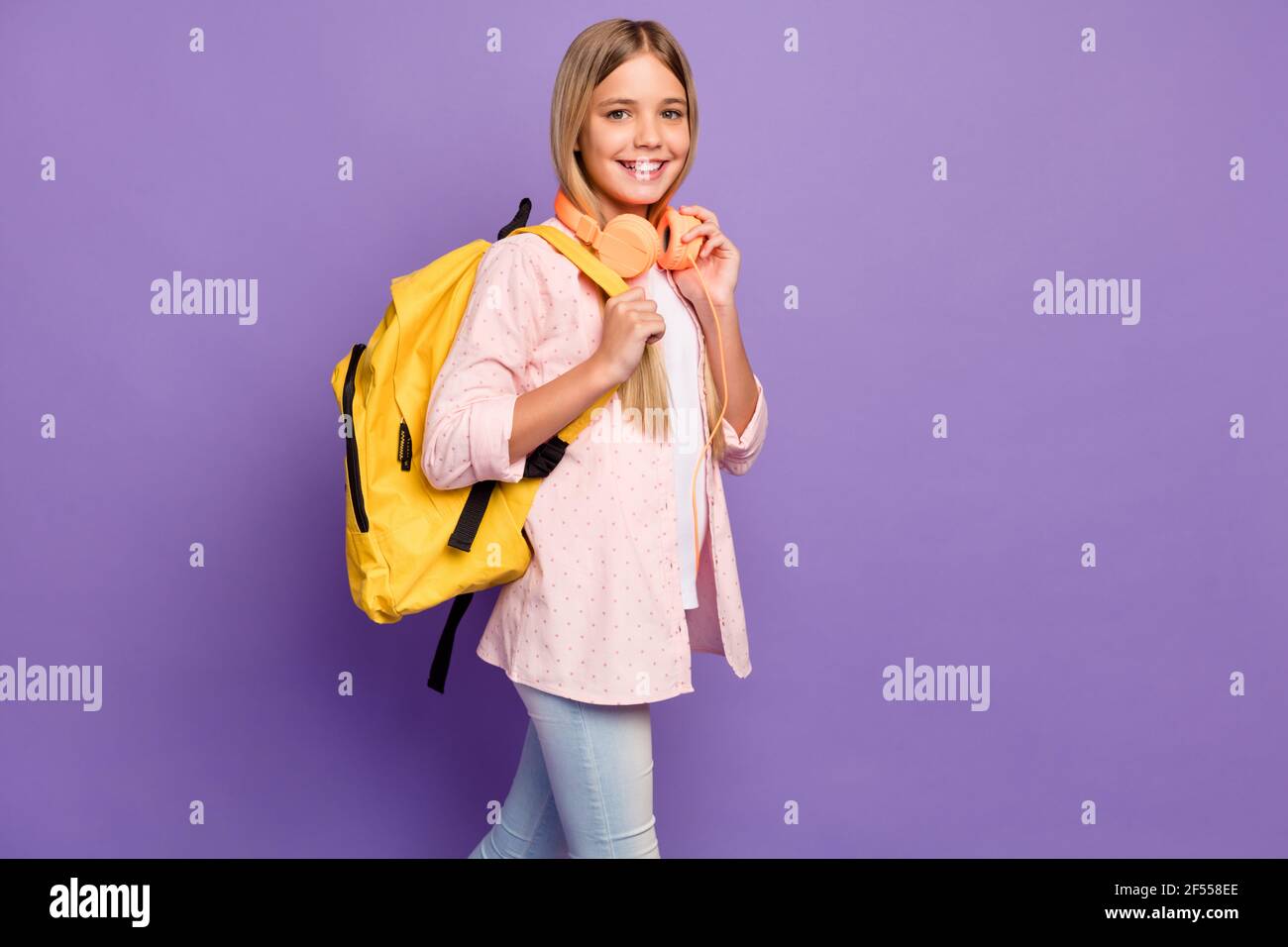 Profile photo of optimistic long hairdo pretty girl wear rucksack ...