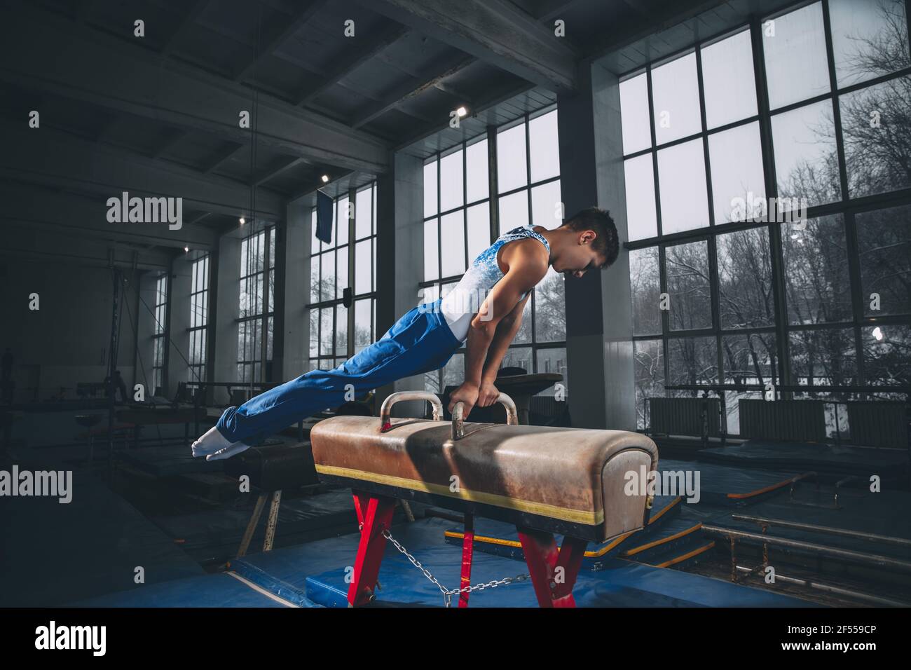Little male gymnast training in gym, flexible and active. Caucasian fit ...