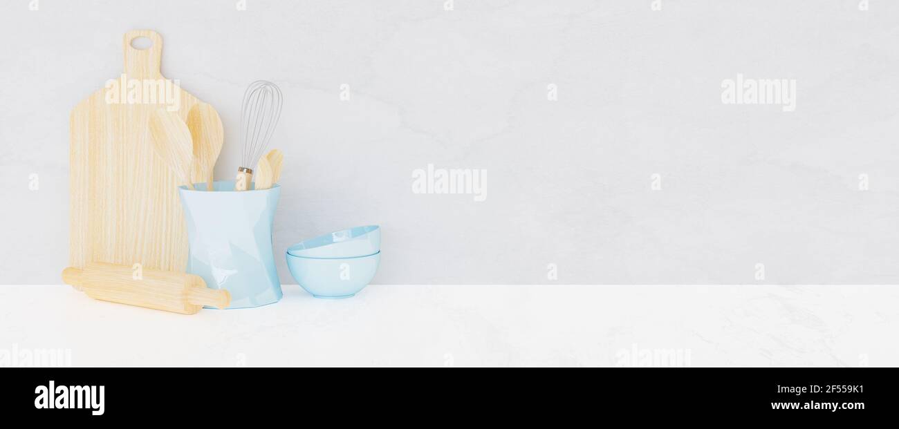 kitchen utensils with pastel blue ceramic bowls Stock Photo - Alamy