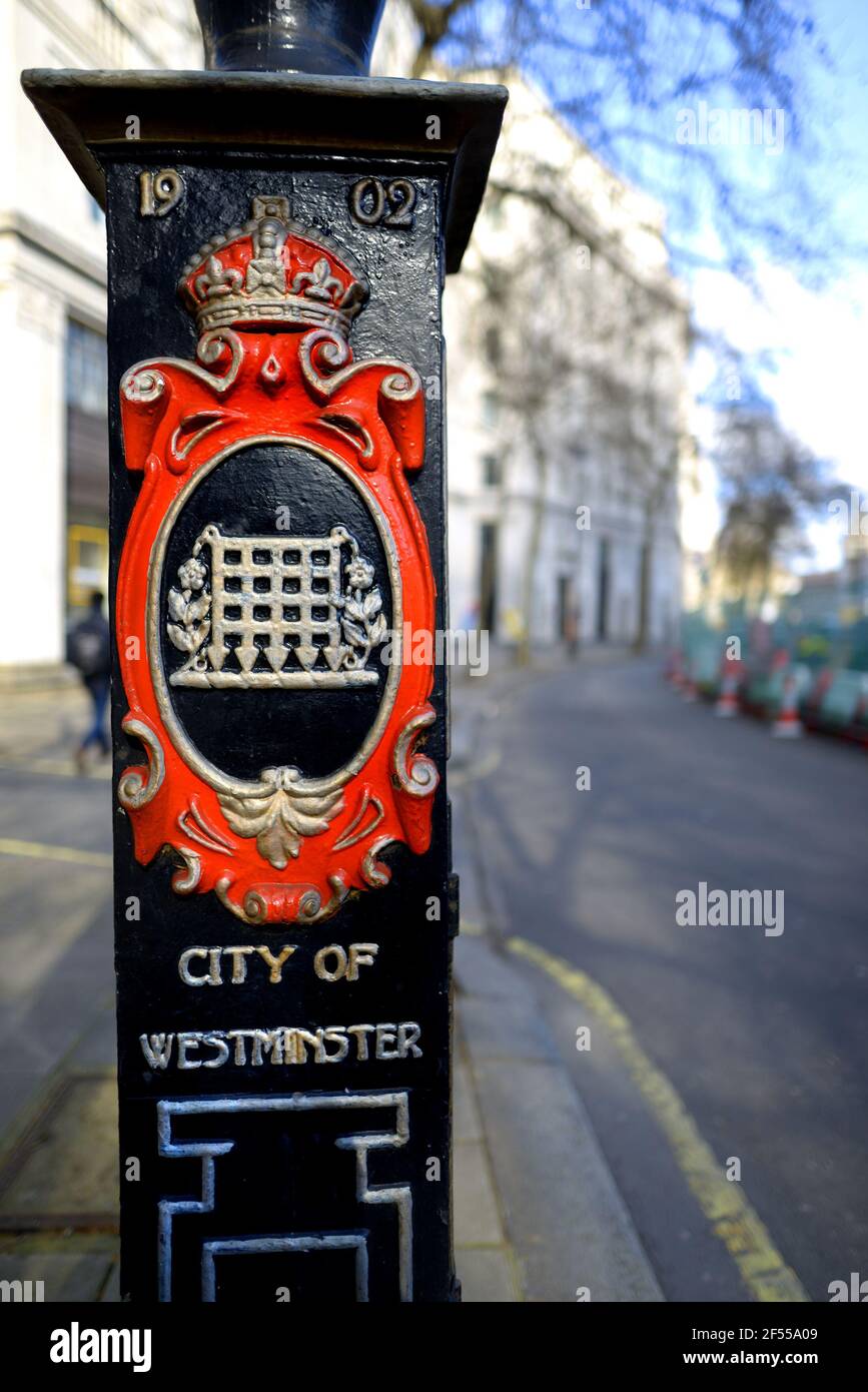 London, England, UK. Decorative cast iron City Of Westminster lamp post ...