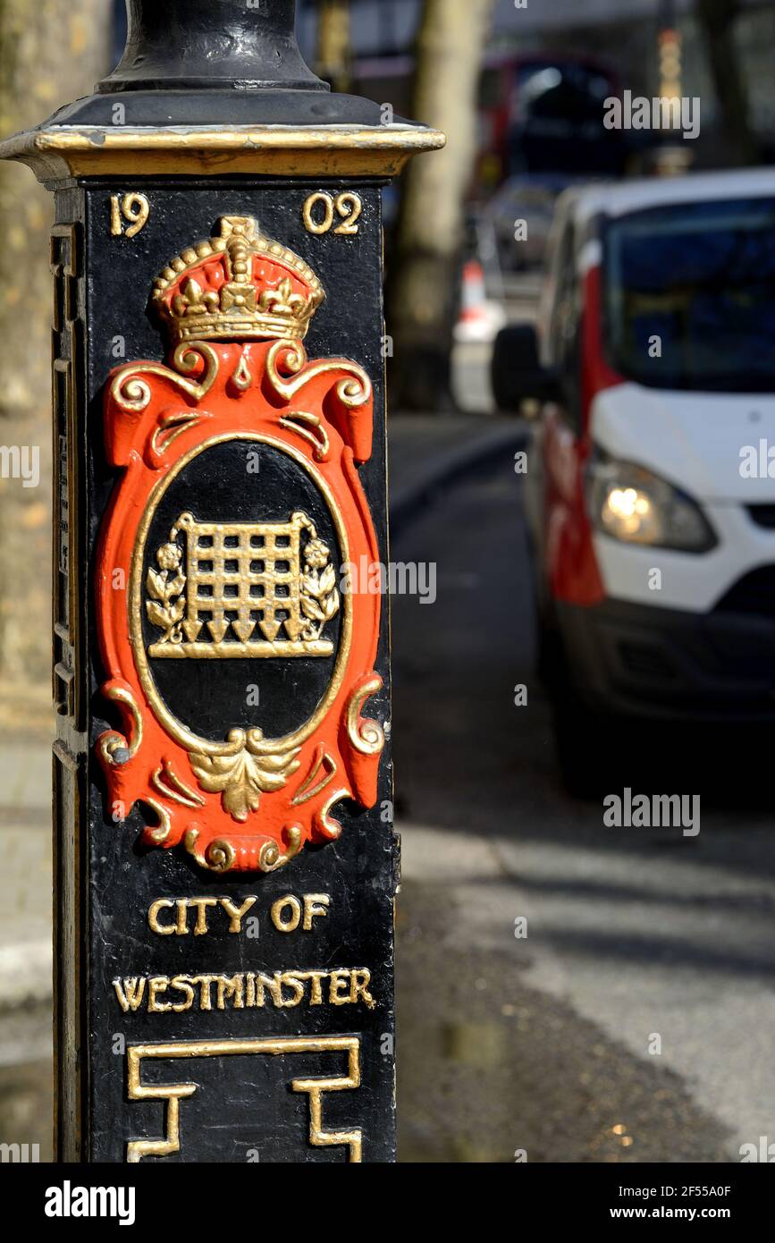 London, England, UK. Decorative cast iron City Of Westminster lamp post ...