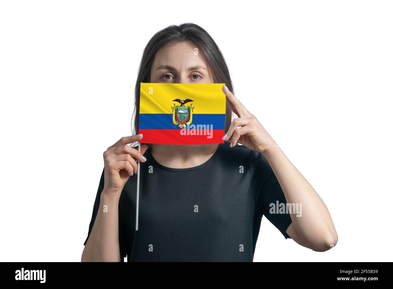 Happy young white woman holding flag Ecuador flag and covers her face ...