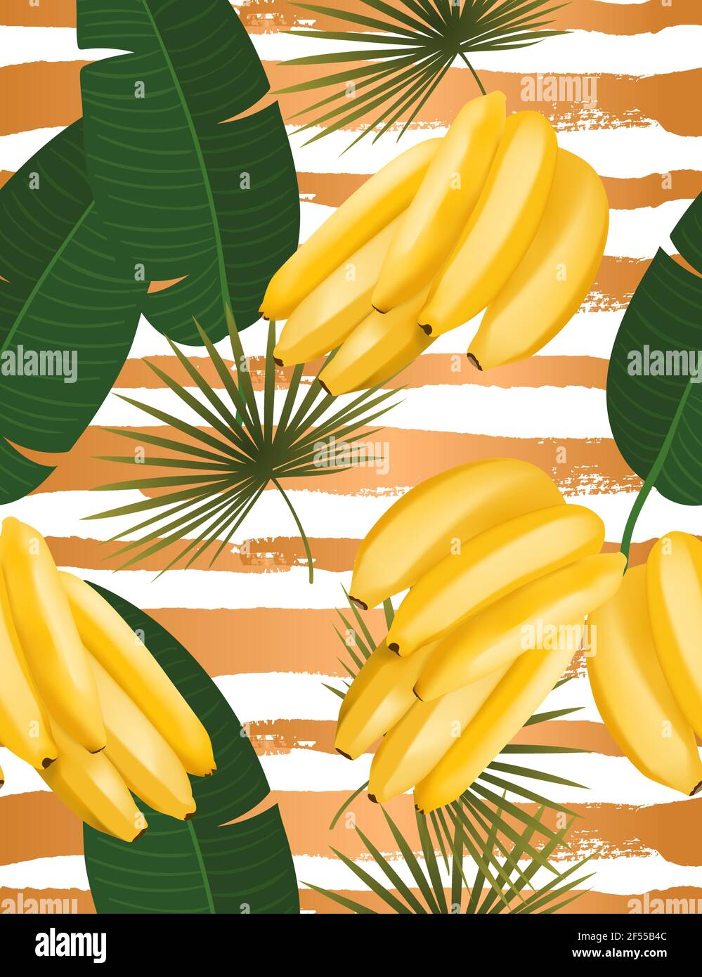 Trendy seamless pattern with realistic banana bunch and tropical leaves ...