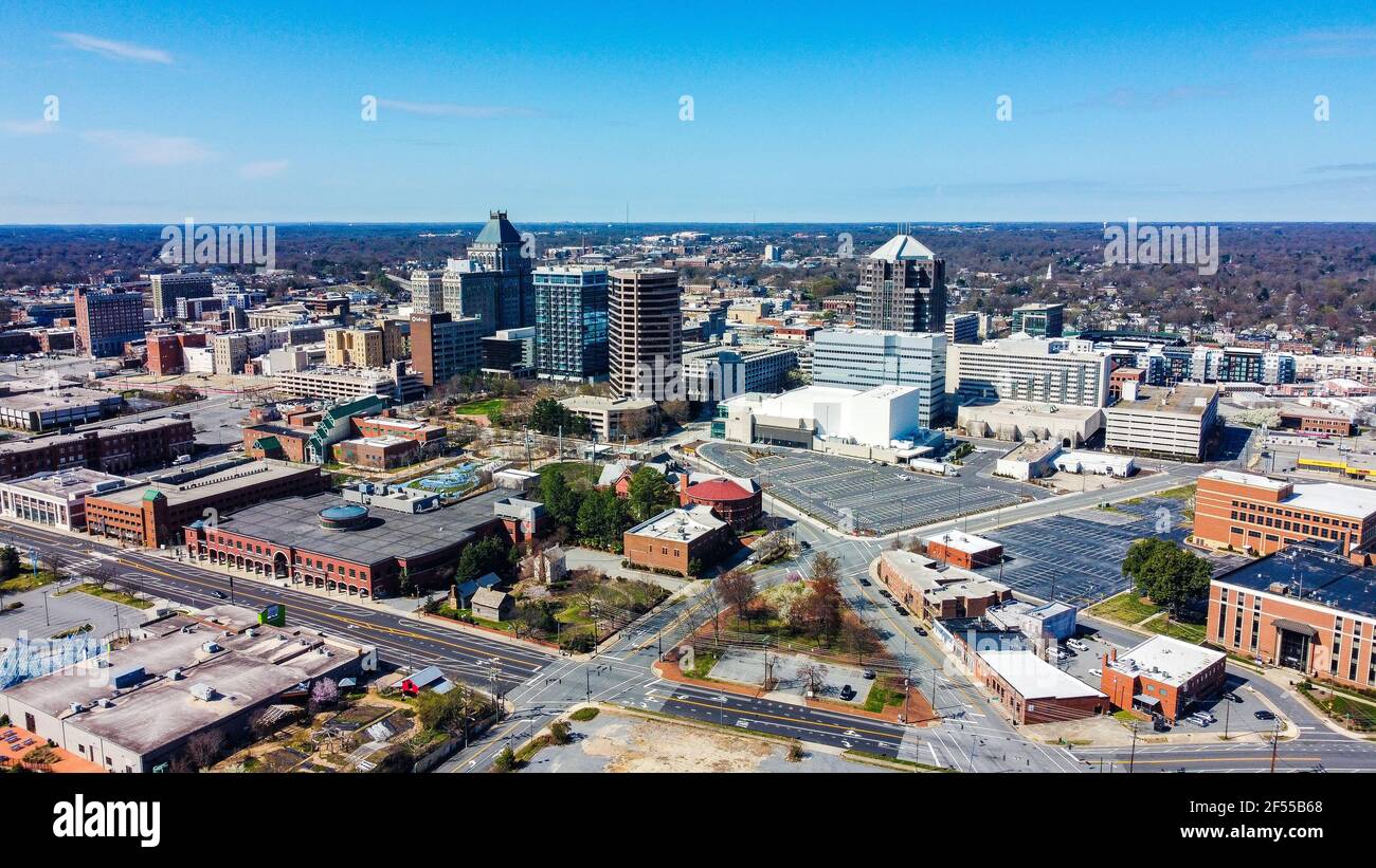 Aerial view of the skyline of Greensboro, in North Carolina Stock Photo ...