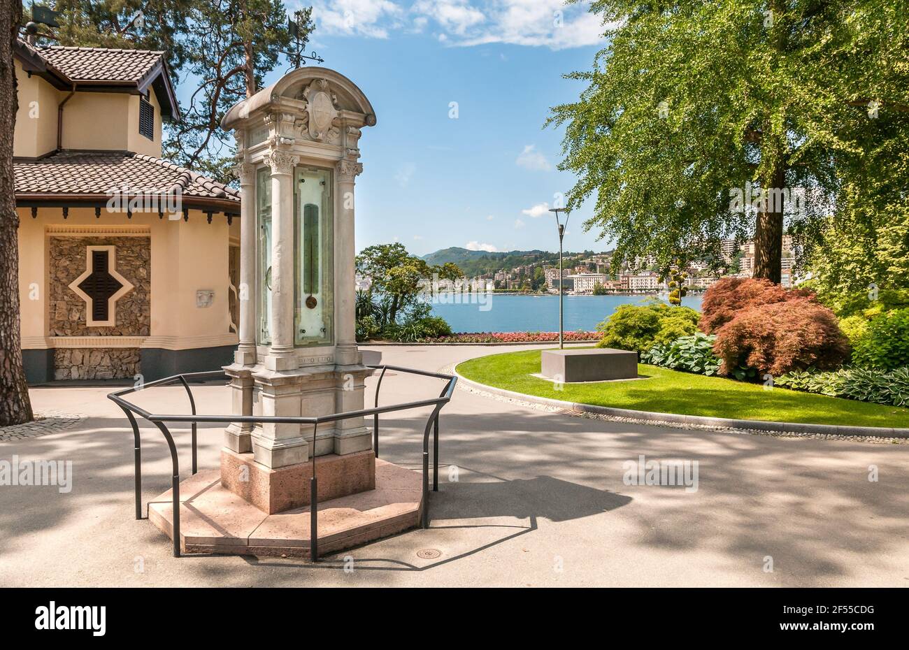 View of historic limnimeter in Parco Ciani in Lugano, used to measure ...