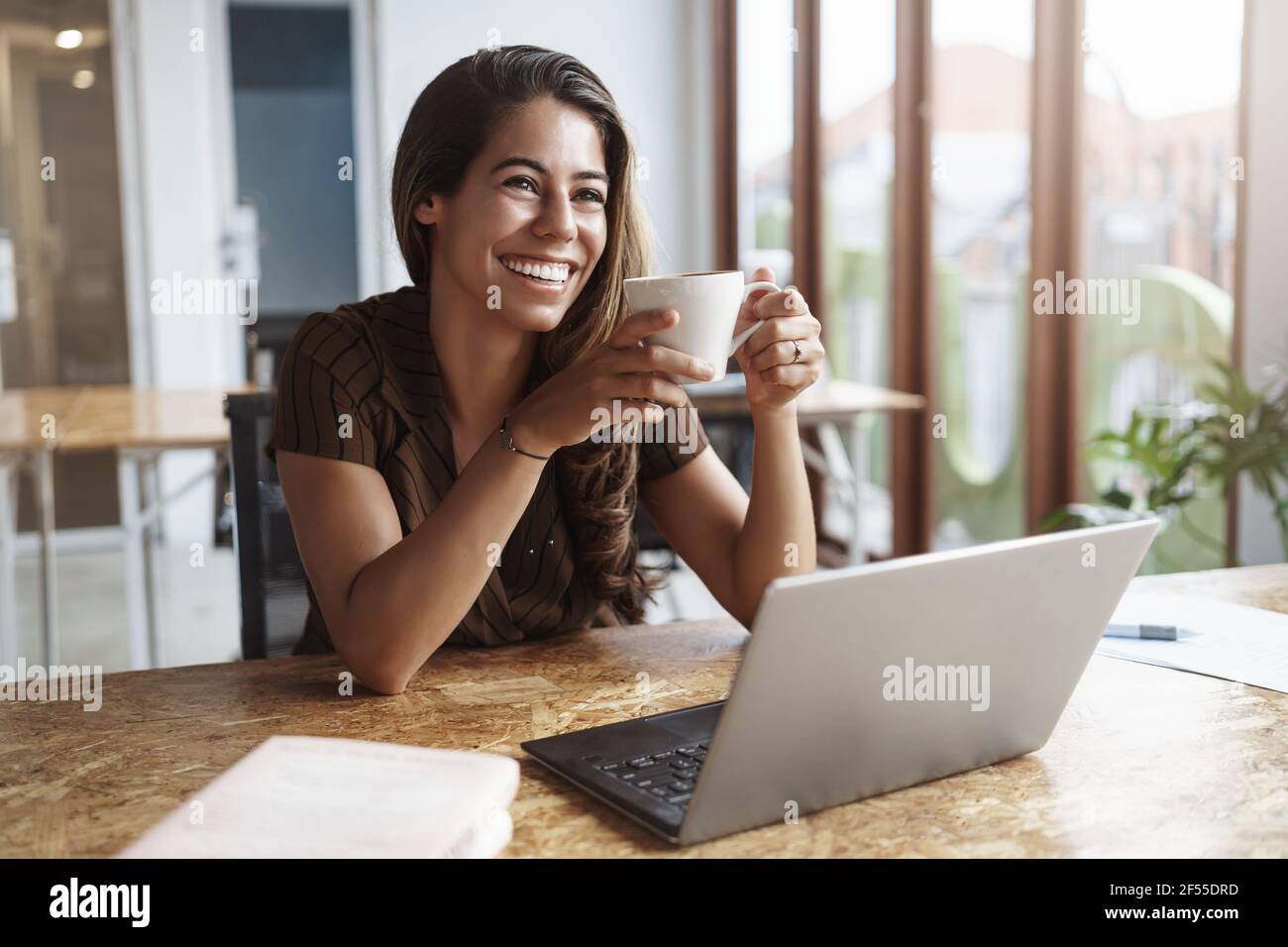 Work goes fast good team around. Charming carefree businesswoman hold ...