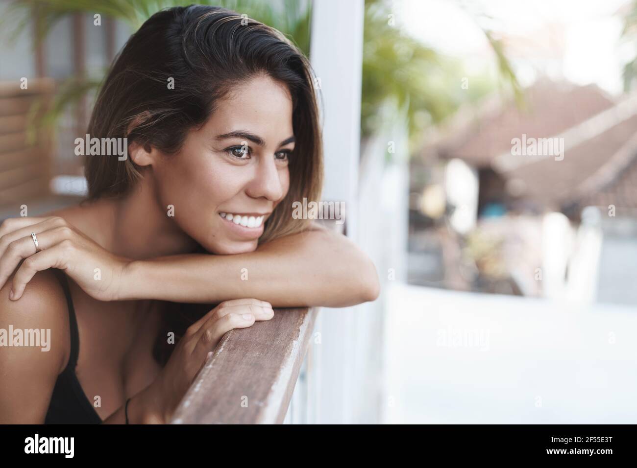 Dreamy alluring young woman contemplating scenery breathtaking seaside ...