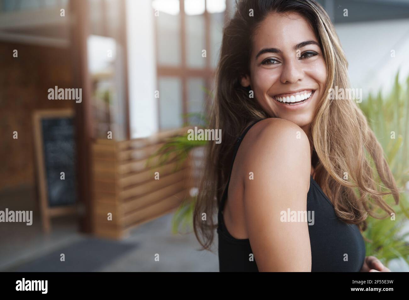 Close-up healthy happy carefree attractive bali woman tanned white ...