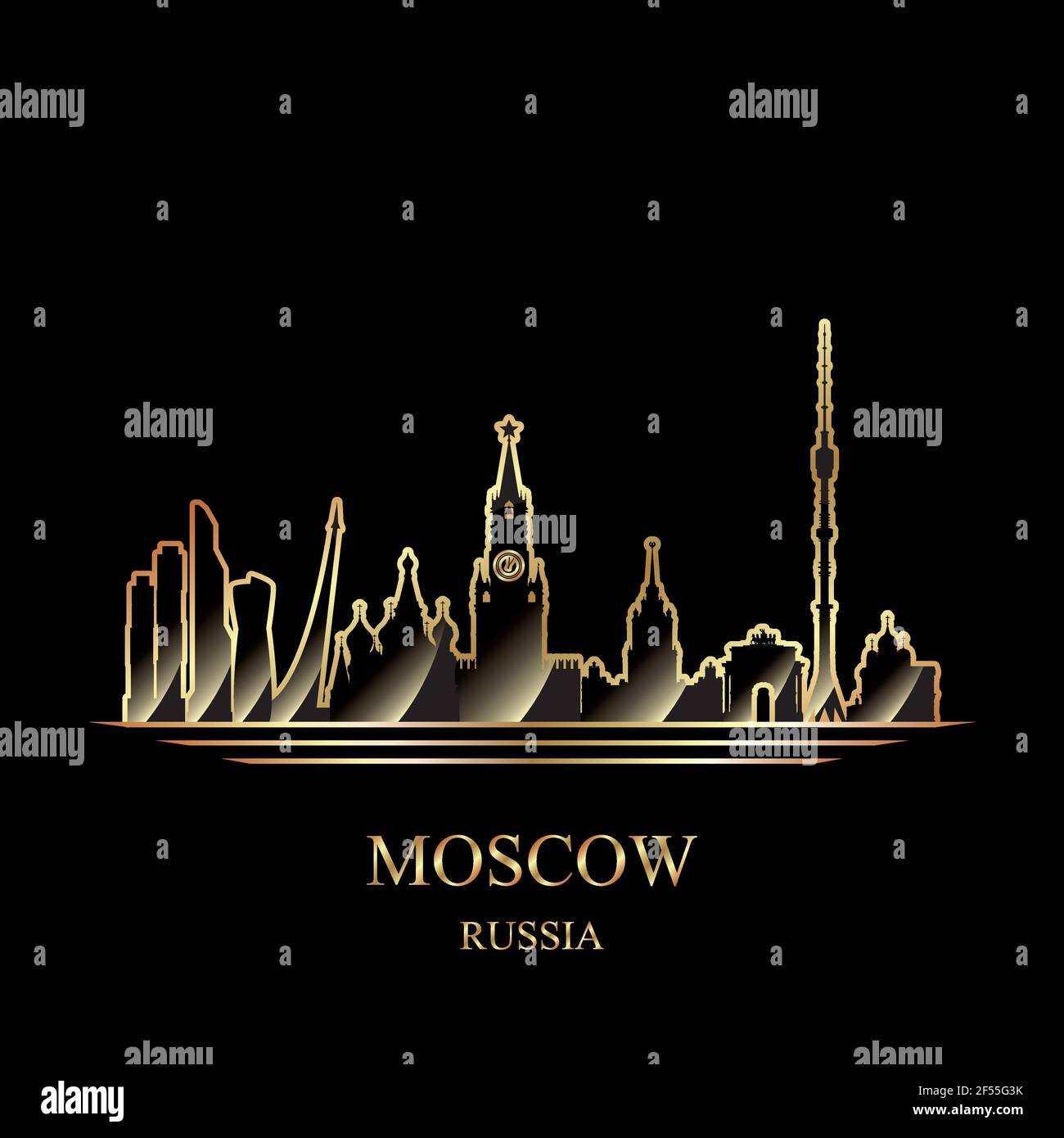 Gold silhouette of Moscow on black background vector illustration Stock ...