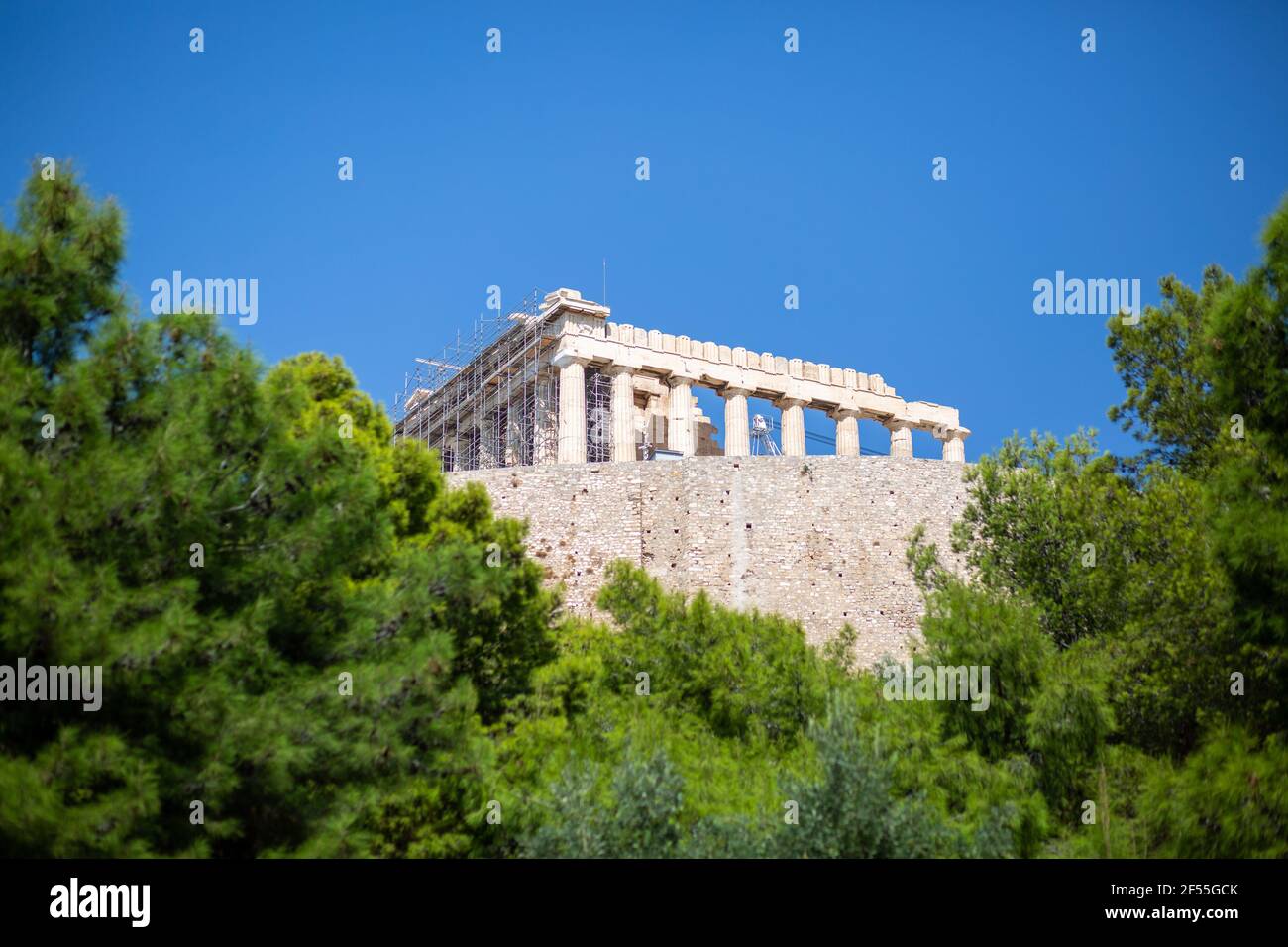 Scenic view of the Acropolis of Athens in Greece on a blue sky ...