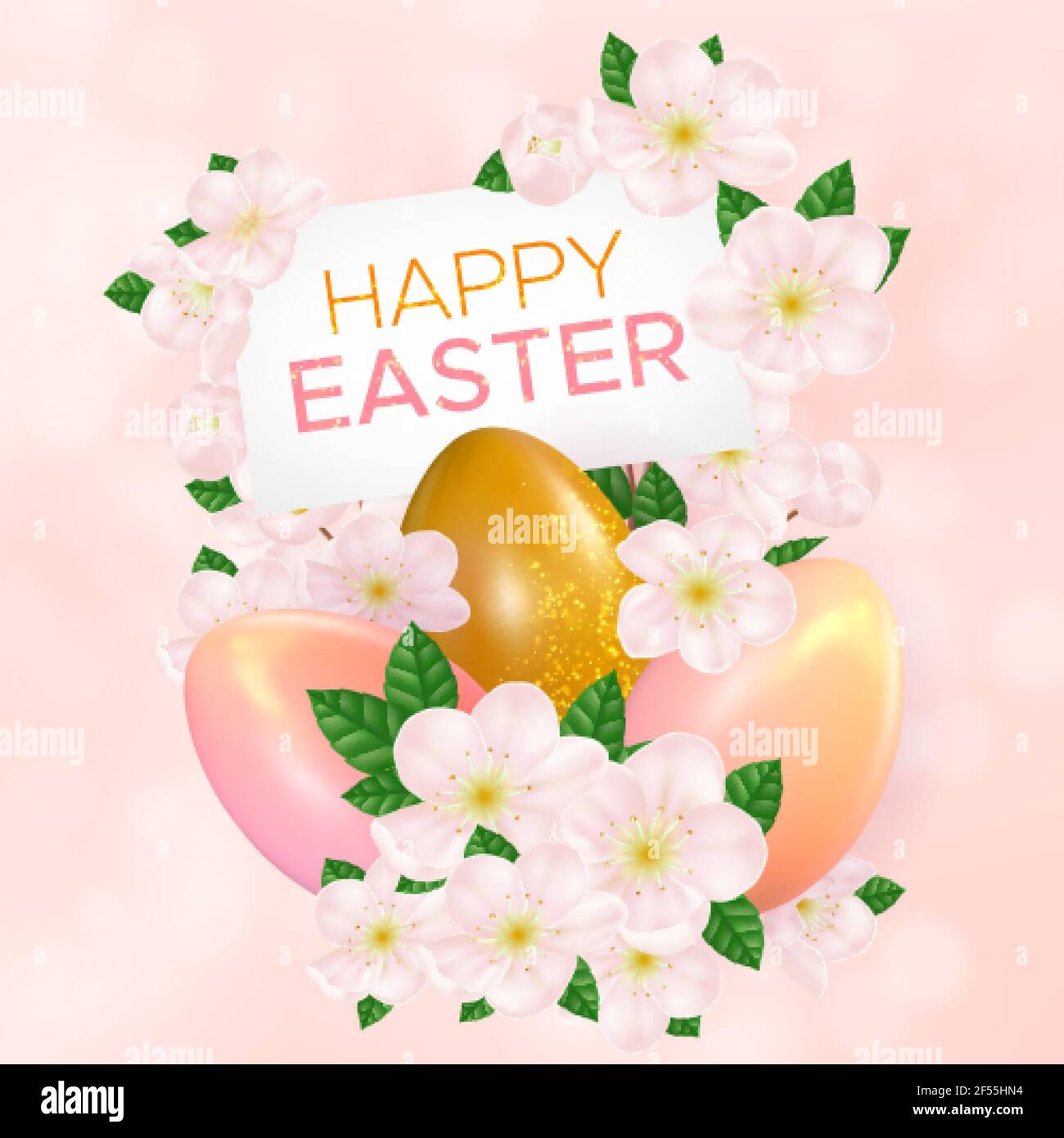 Easter pink background with realistic Easter eggs and cherry blossoms ...