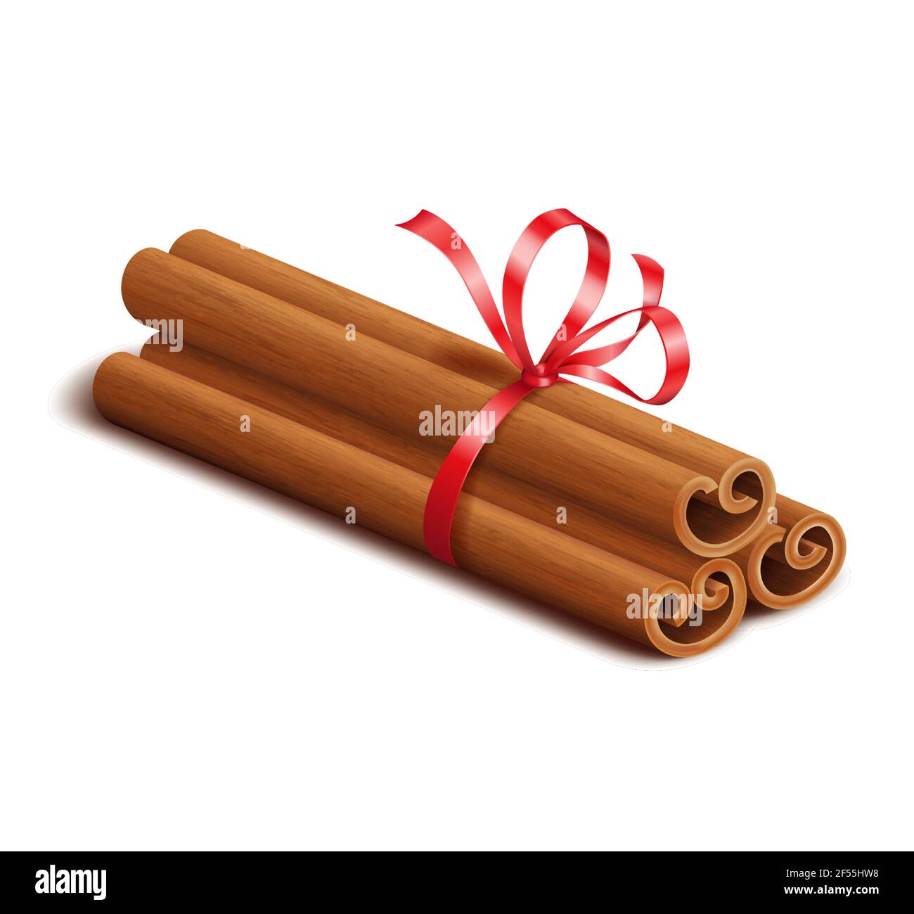 Realistic spices, cinnamon sticks with red bow isolated on white Stock ...