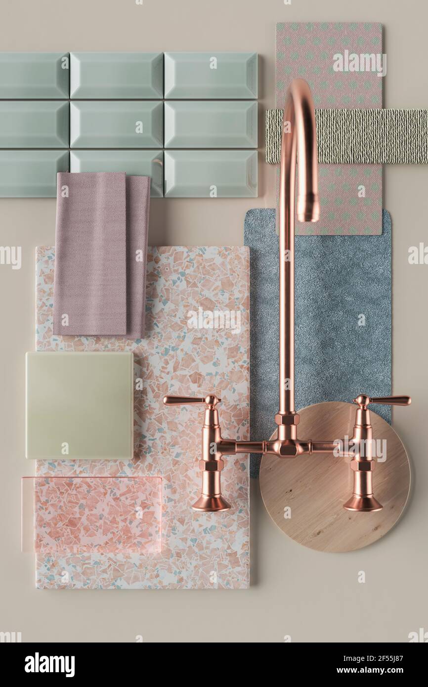 Three dimensional render of faucet and various interior design material ...