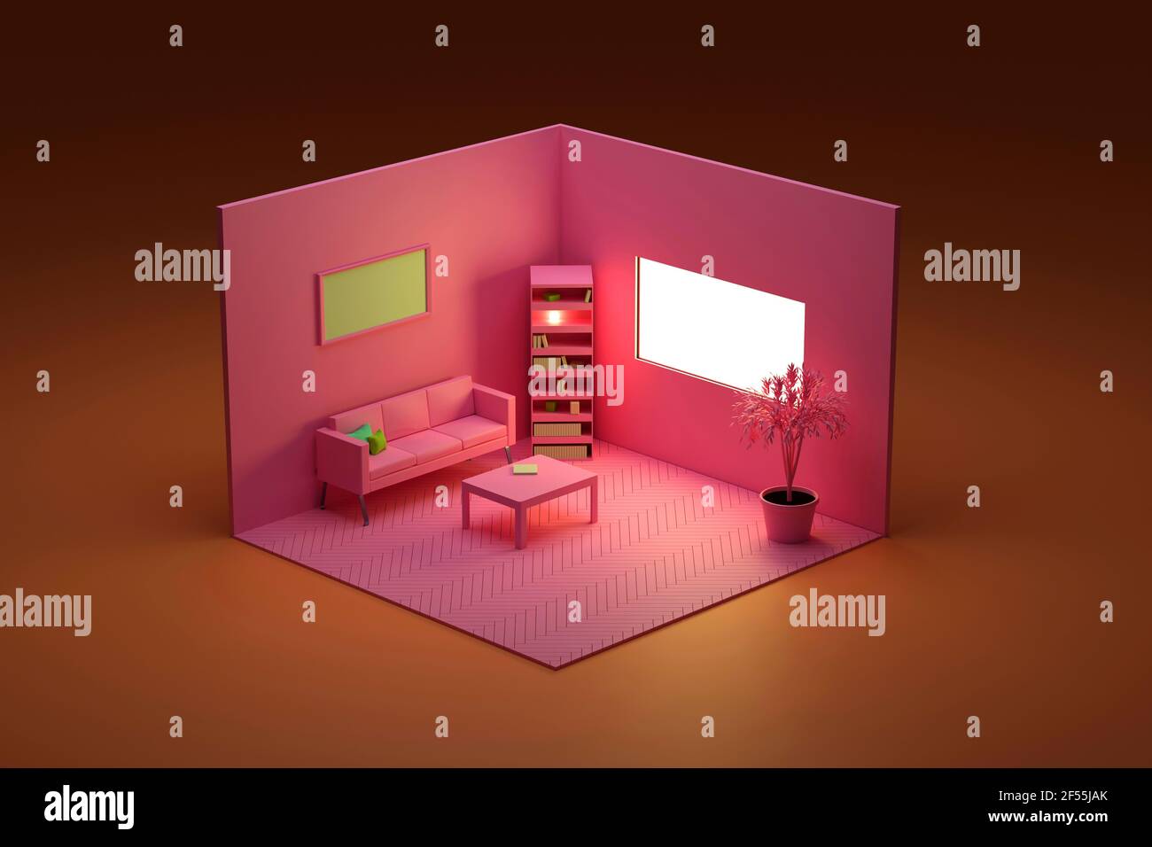 Three dimensional render of corner of pink colored living room Stock ...