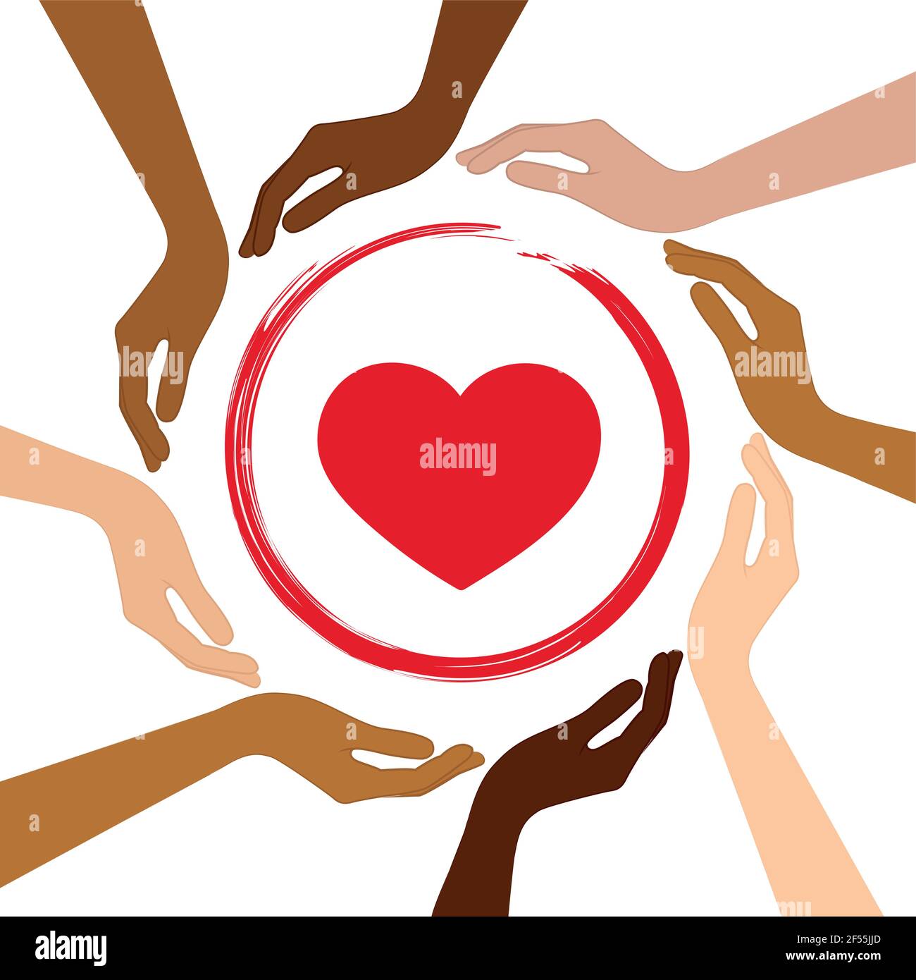 heart in the middle of human hands with different skin colors Stock ...