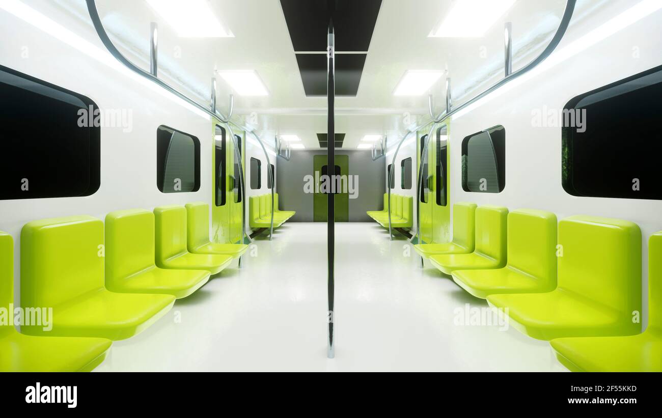 Three dimensional render of interior of white and green subway train ...