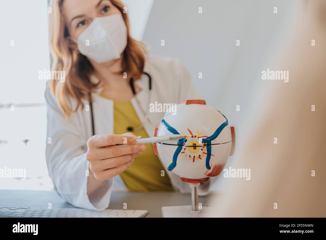 Doctor wearing protective face mask pointing at artificial eye model ...