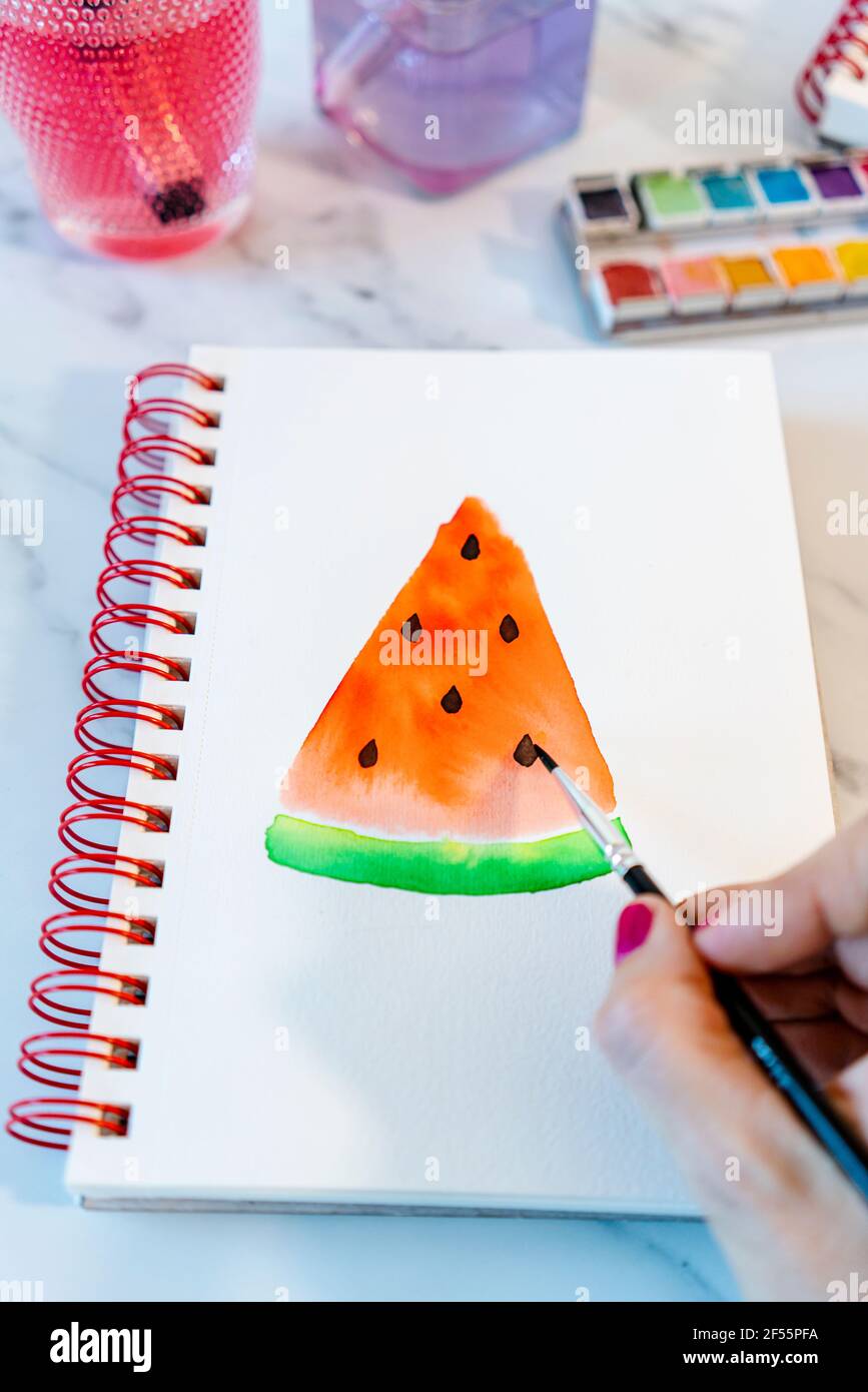 Woman painting watermelon slice with watercolor in book Stock Photo - Alamy