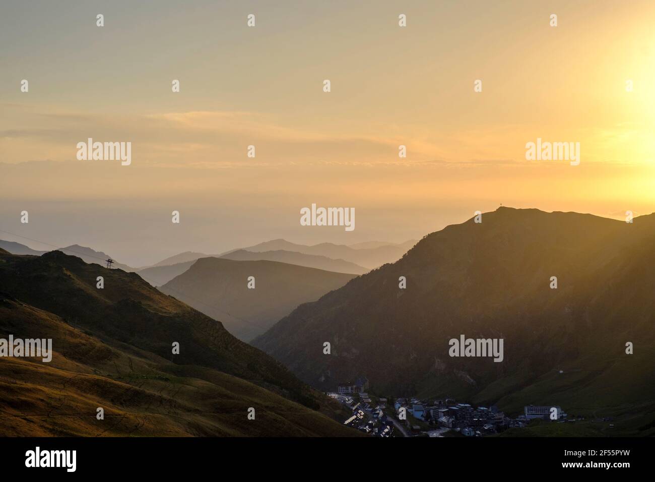 France, Hautes-Pyrenees, Bagneres-de-Bigorre, Sunrise over Col du ...