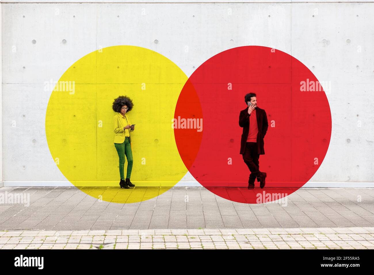 Two overlapping circles visualizing social distancing covering man and ...