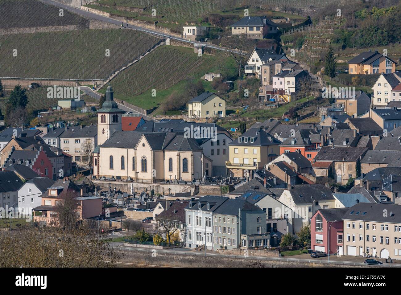 Wormeldange seen from German side of Mosel river, Luxemburg Stock Photo ...