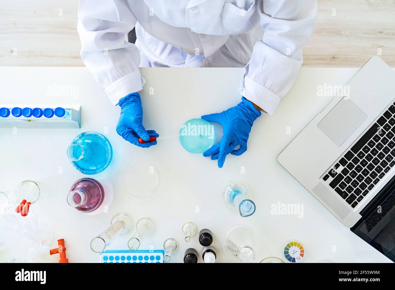 Female researcher's hands mixing solution through pipette at chemistry ...