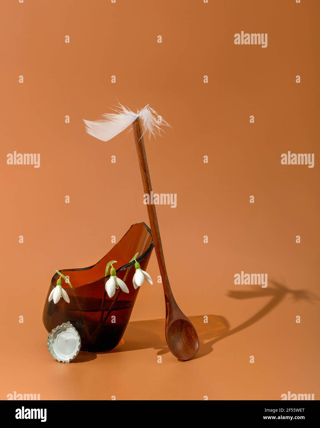 Abstract fragility still life with feather, snowdrops, wooden spoon ...