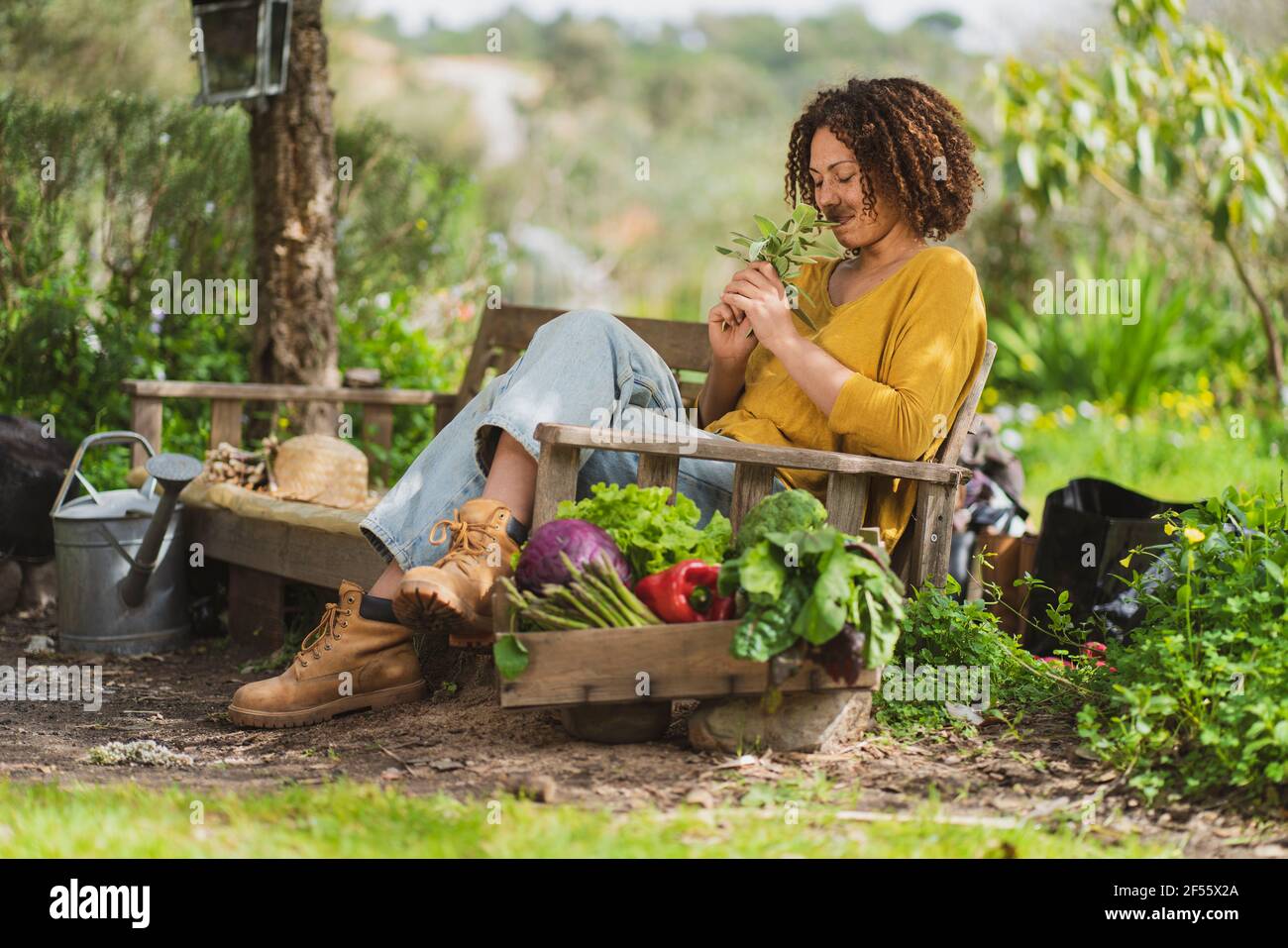 Woman smelling sage while sitting on bench in garden Stock Photo - Alamy
