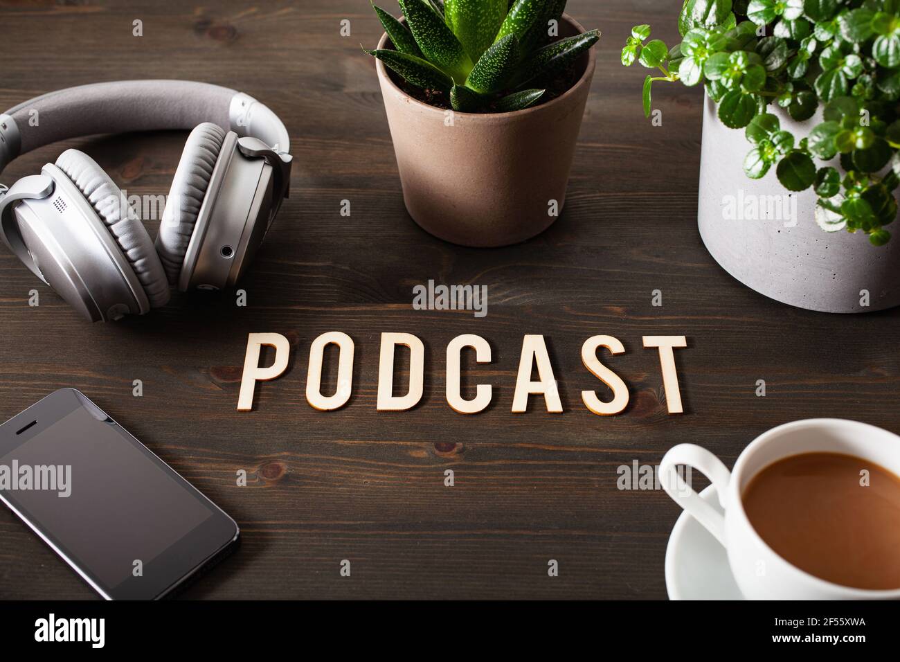 podcast word text concept modern wireless headphones smartphone Stock ...