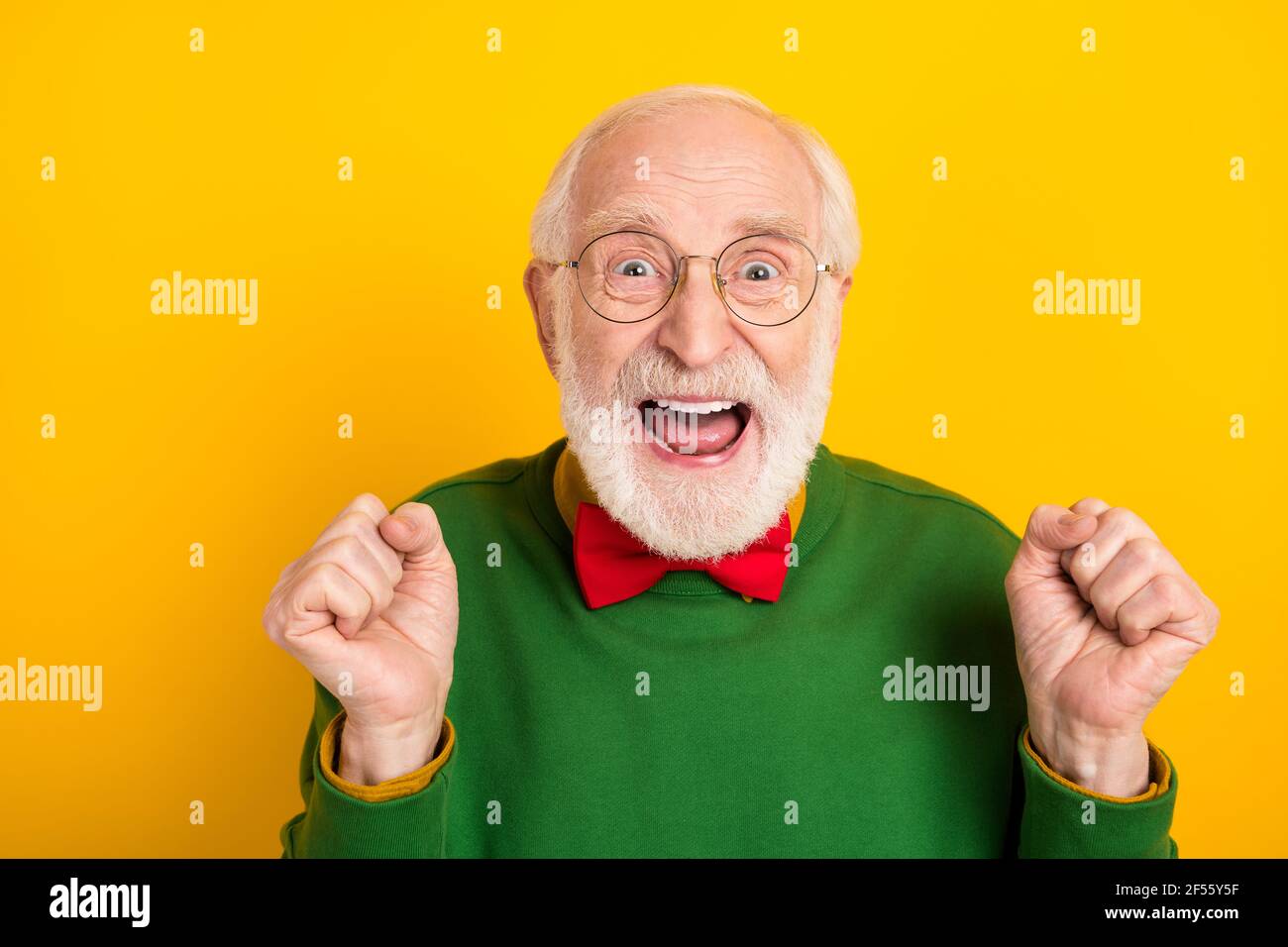Photo of pretty lucky mature man dressed pullover bow tie glasses ...