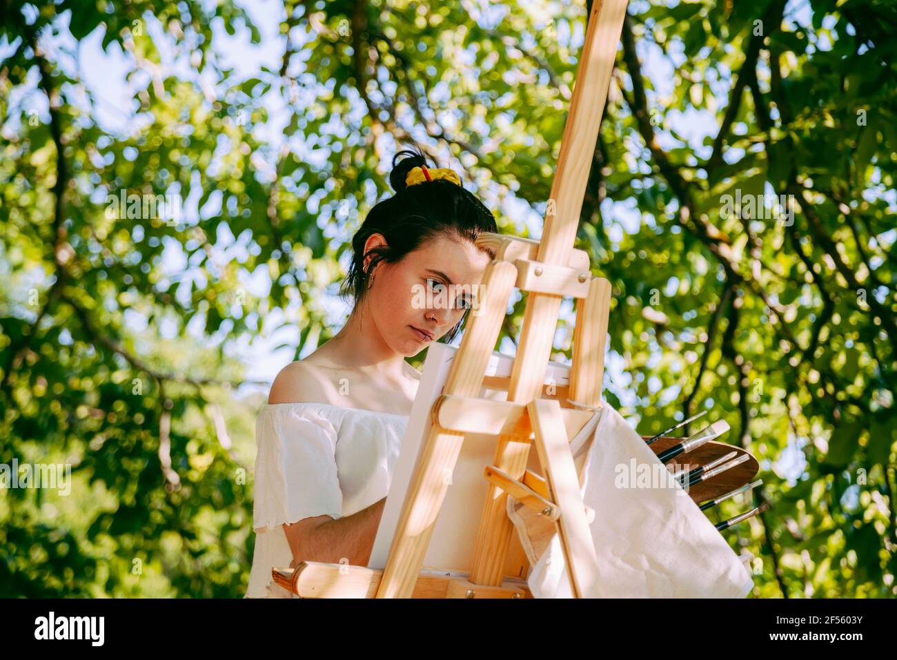 Young woman artist painting on easel Stock Photo - Alamy