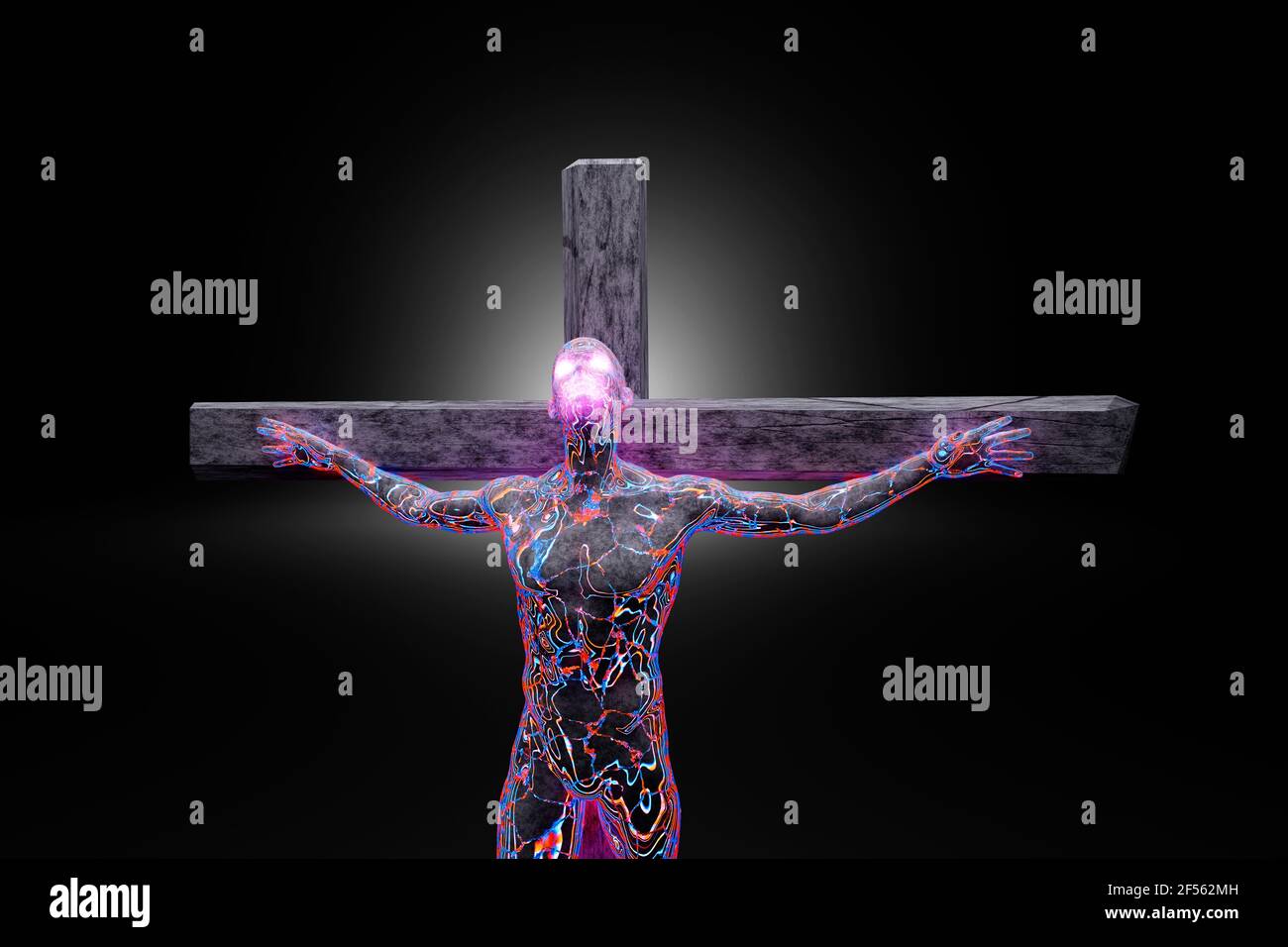 3D illustration of character symbolizing crucified Jesus made of energy ...
