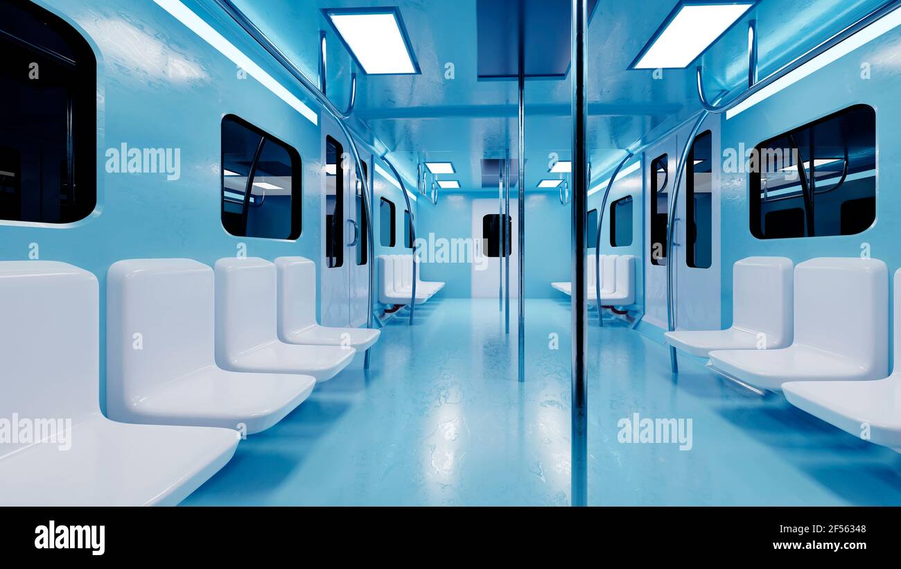 Three dimensional render of interior of white and blue subway train ...