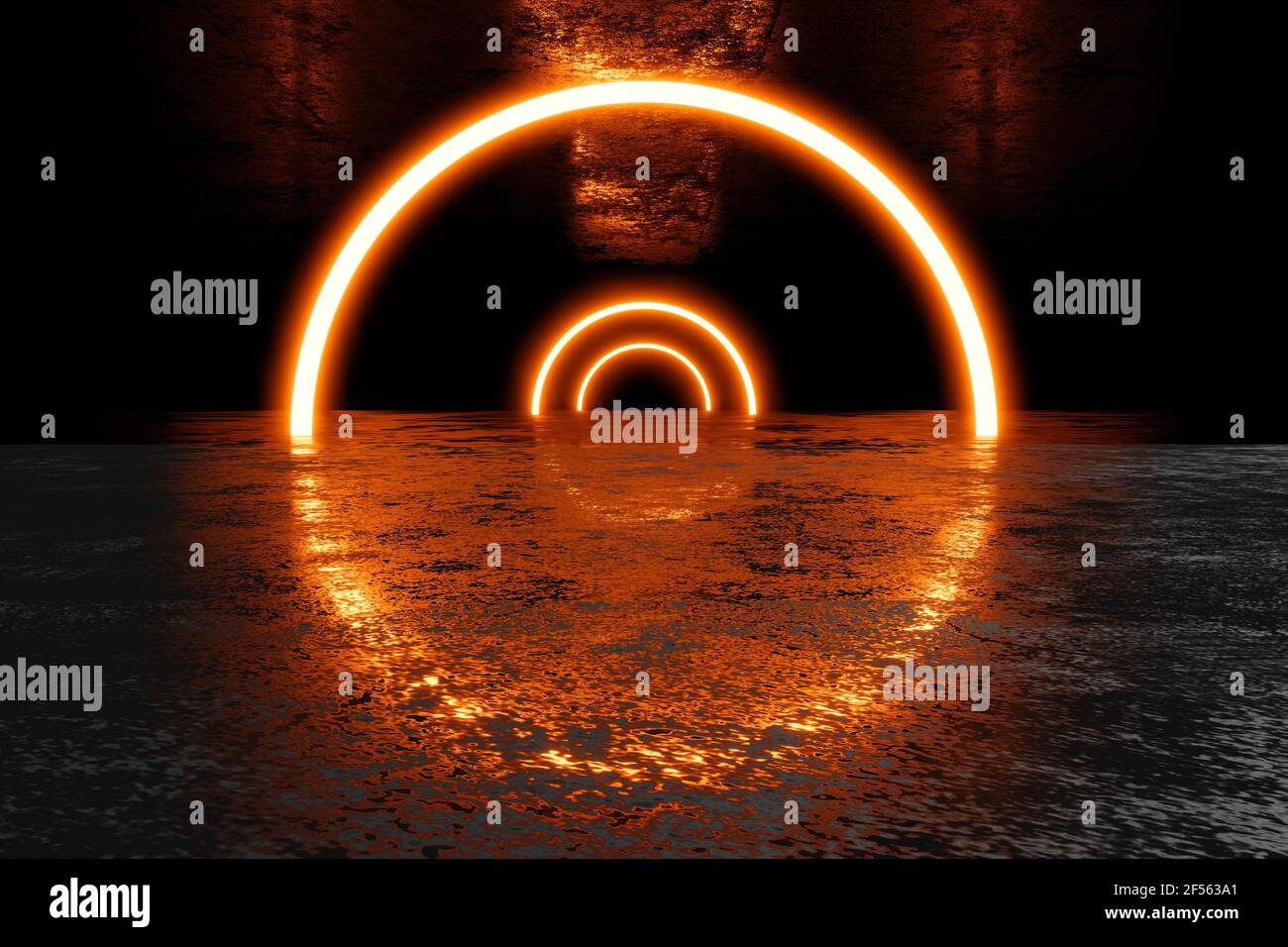 Three dimensional render of dark environment illuminated by red glowing ...