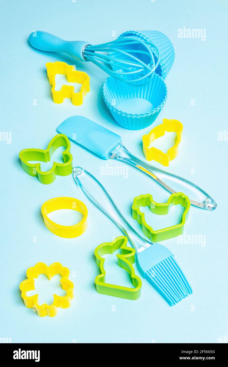 Easter baking concept isolated on pastel blue background. A set of ...