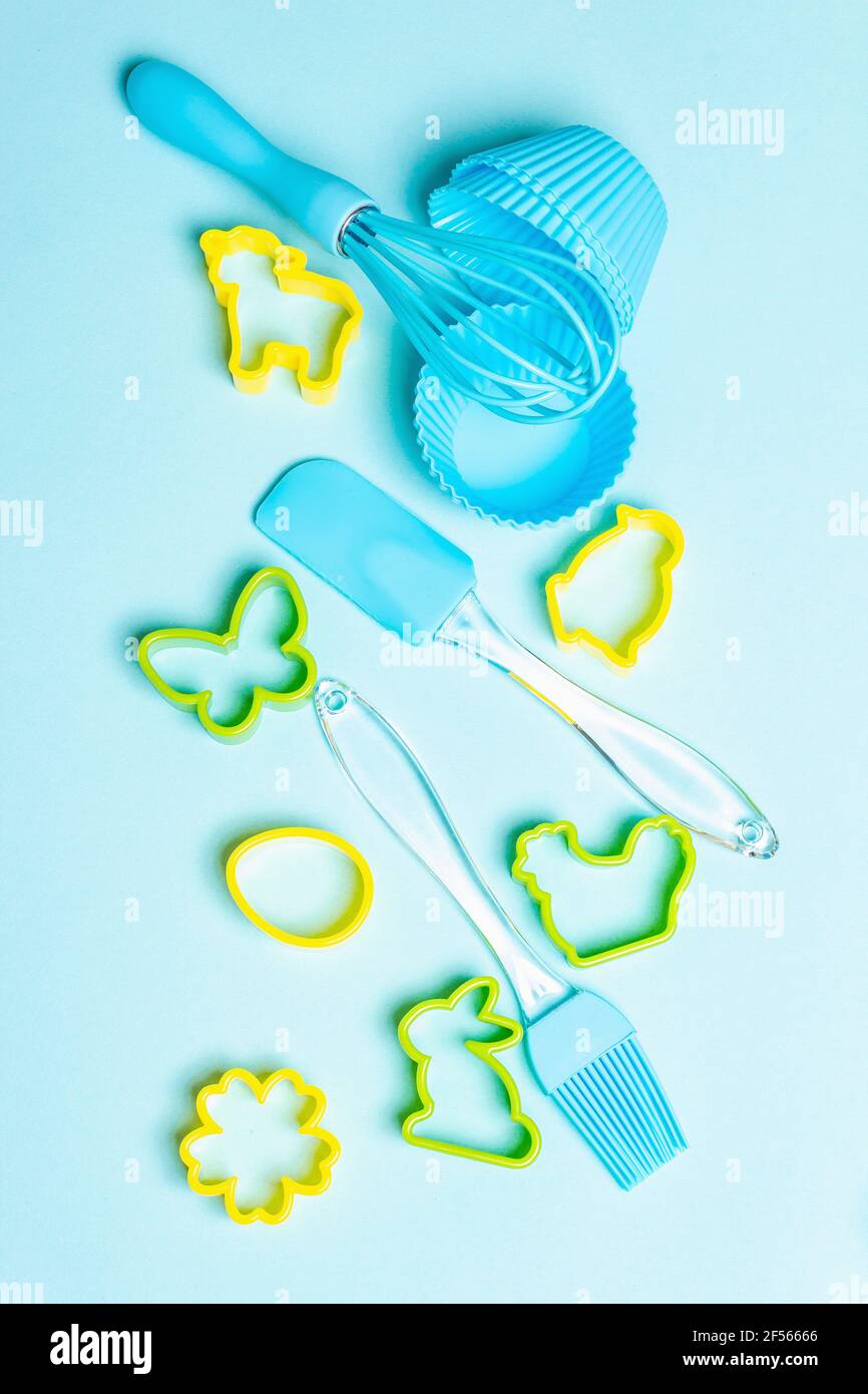 Easter baking concept isolated on pastel blue background. A set of ...