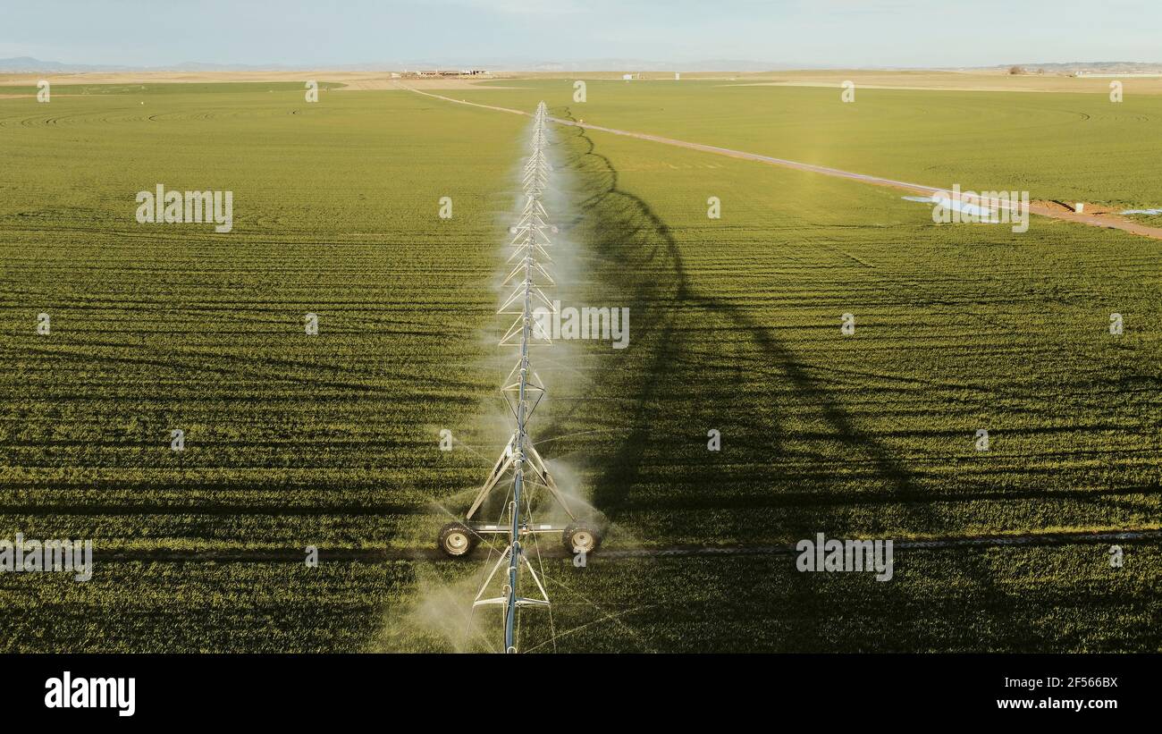 Aerial view of agricultural sprinkler spraying field Stock Photo - Alamy