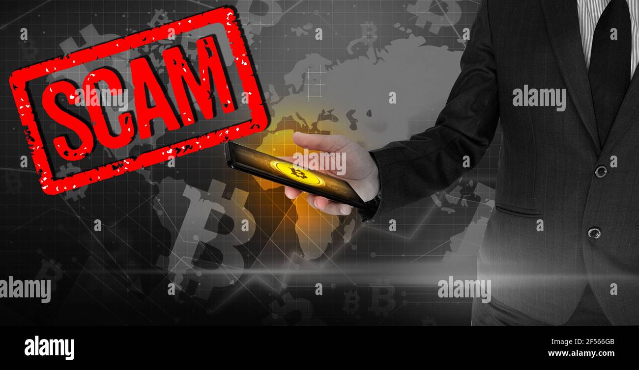 Cryptocurrency Scam sign Concept Background. Modern Digital currency ...