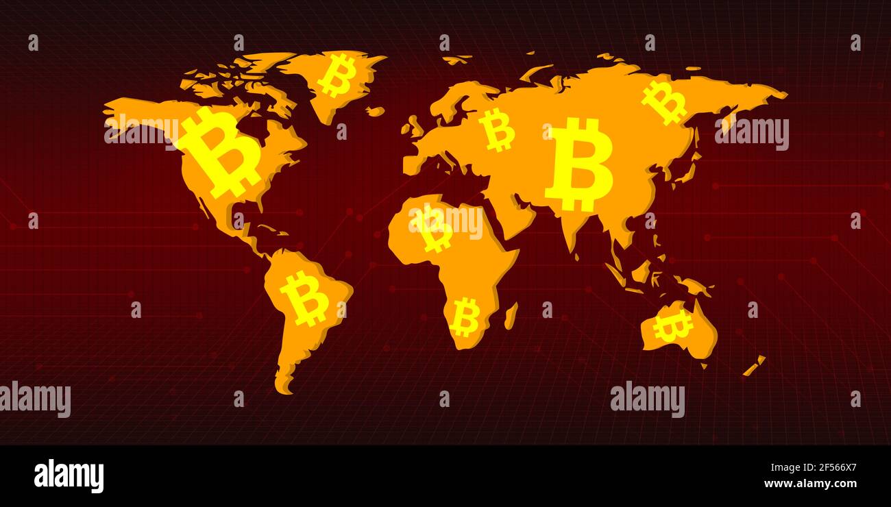 World map with the symbol of Cryptocurrency in Center. Abstract digital ...