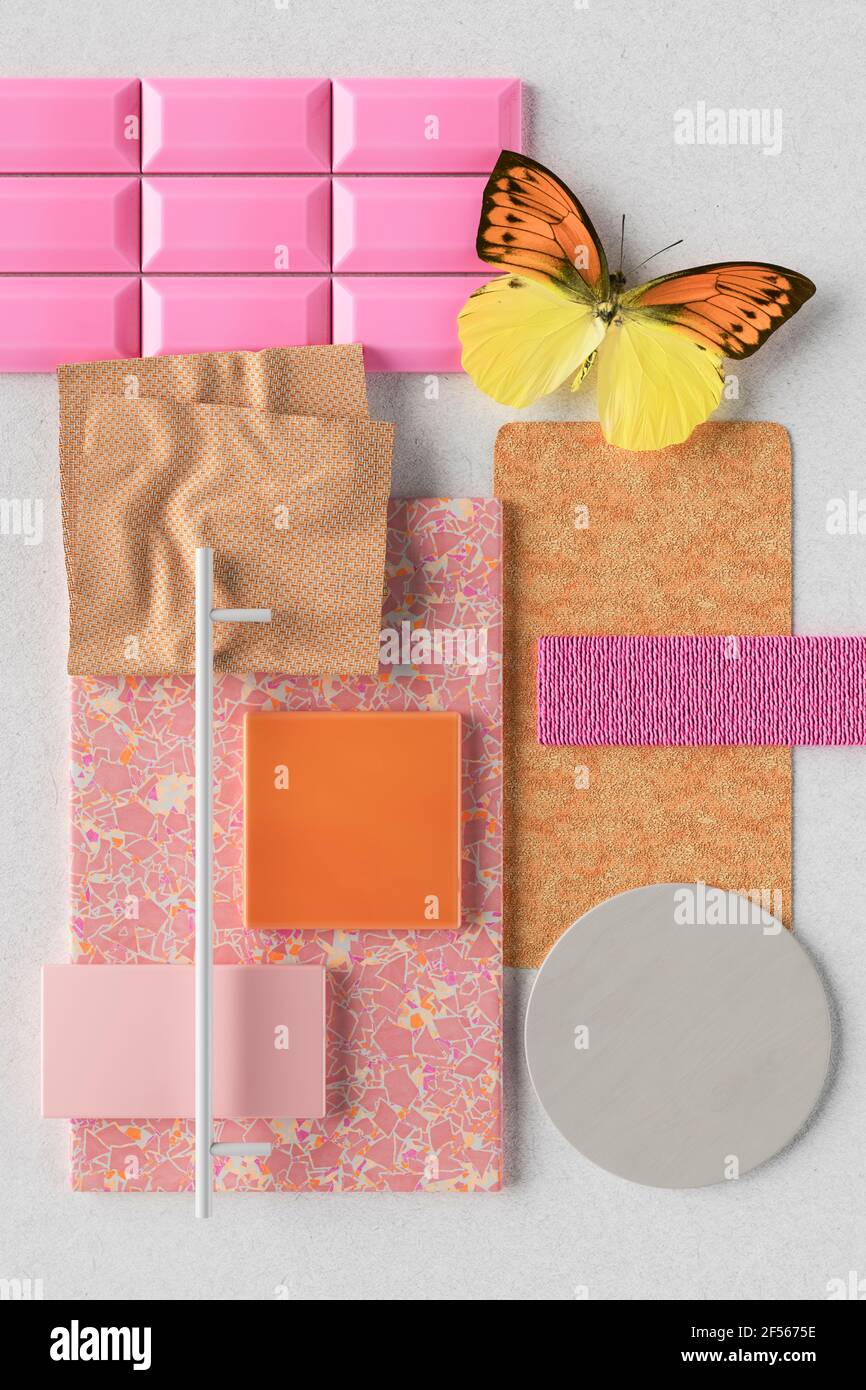 Three dimensional render of various interior design material samples ...