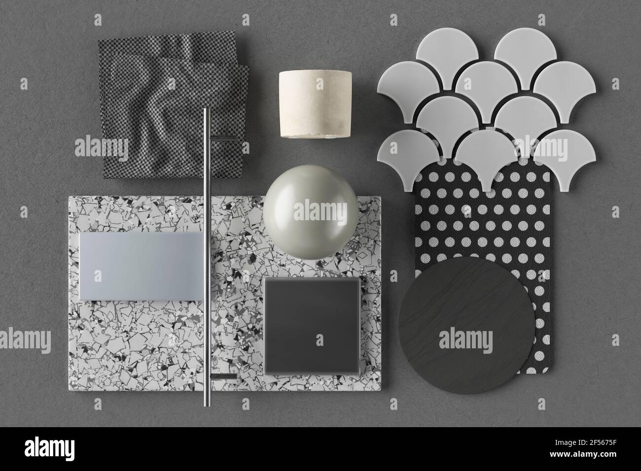 Three dimensional render of various interior design material samples ...