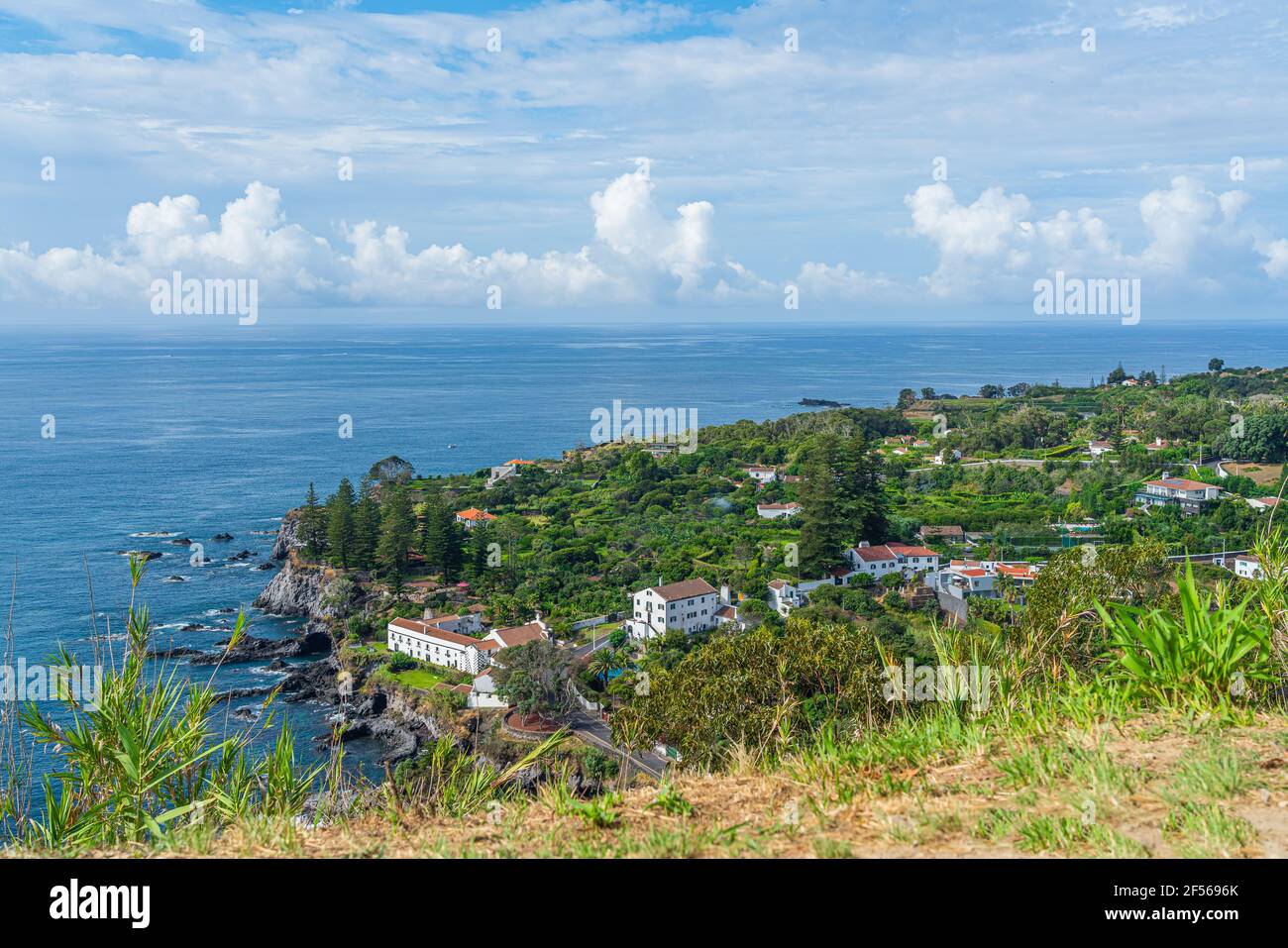 Viewpoint to Caloura bay with the natural pool in Sao Miguel Island ...
