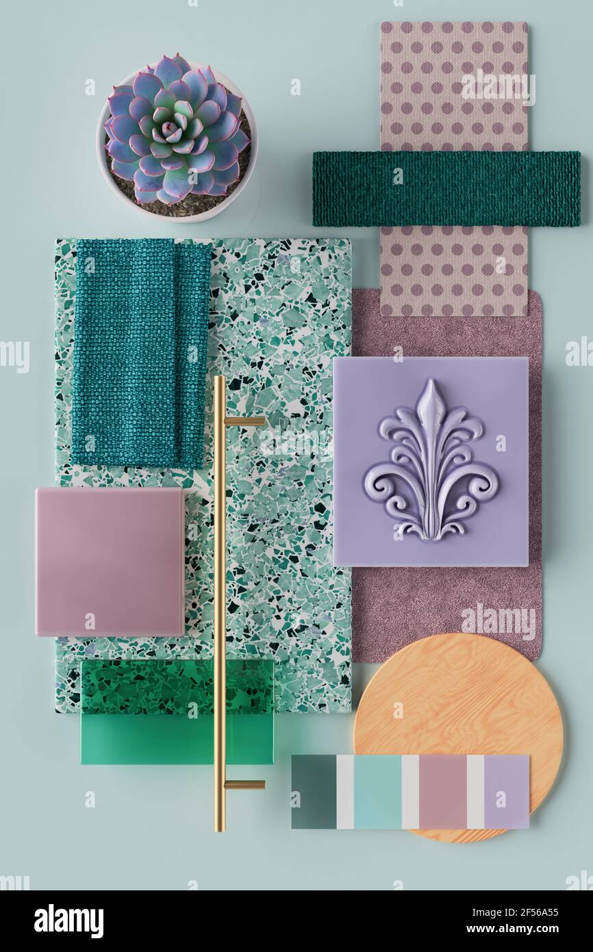 Three dimensional render of various interior design material samples ...