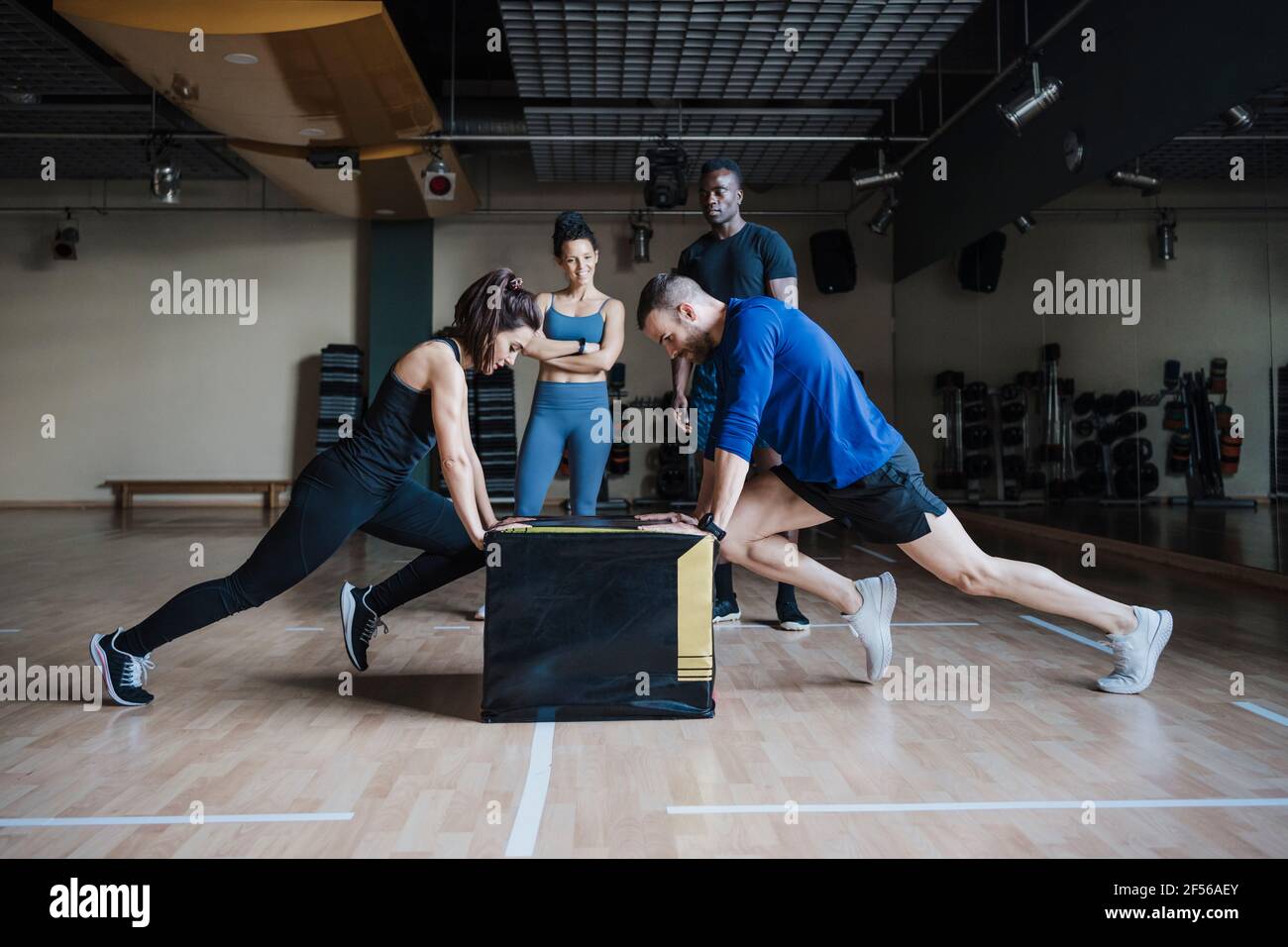 Male and female sports people pushing box while exercising in gym Stock ...
