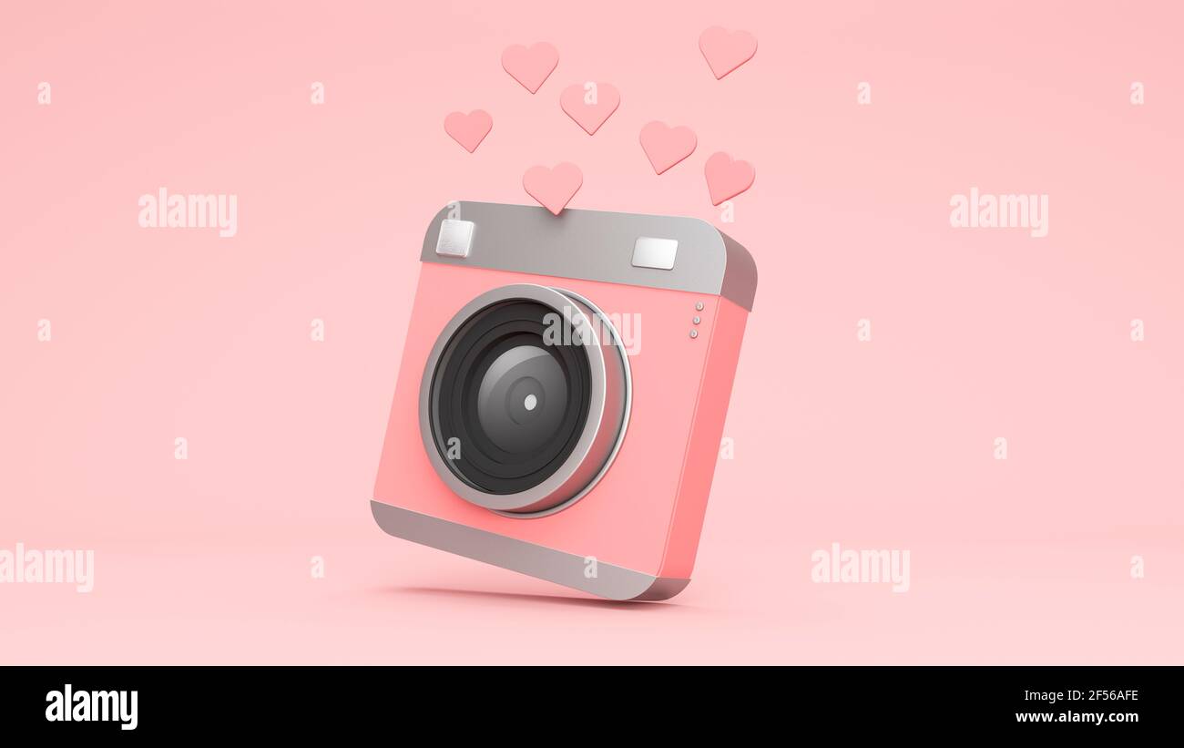 Three dimensional render of old-fashioned camera floating with various ...