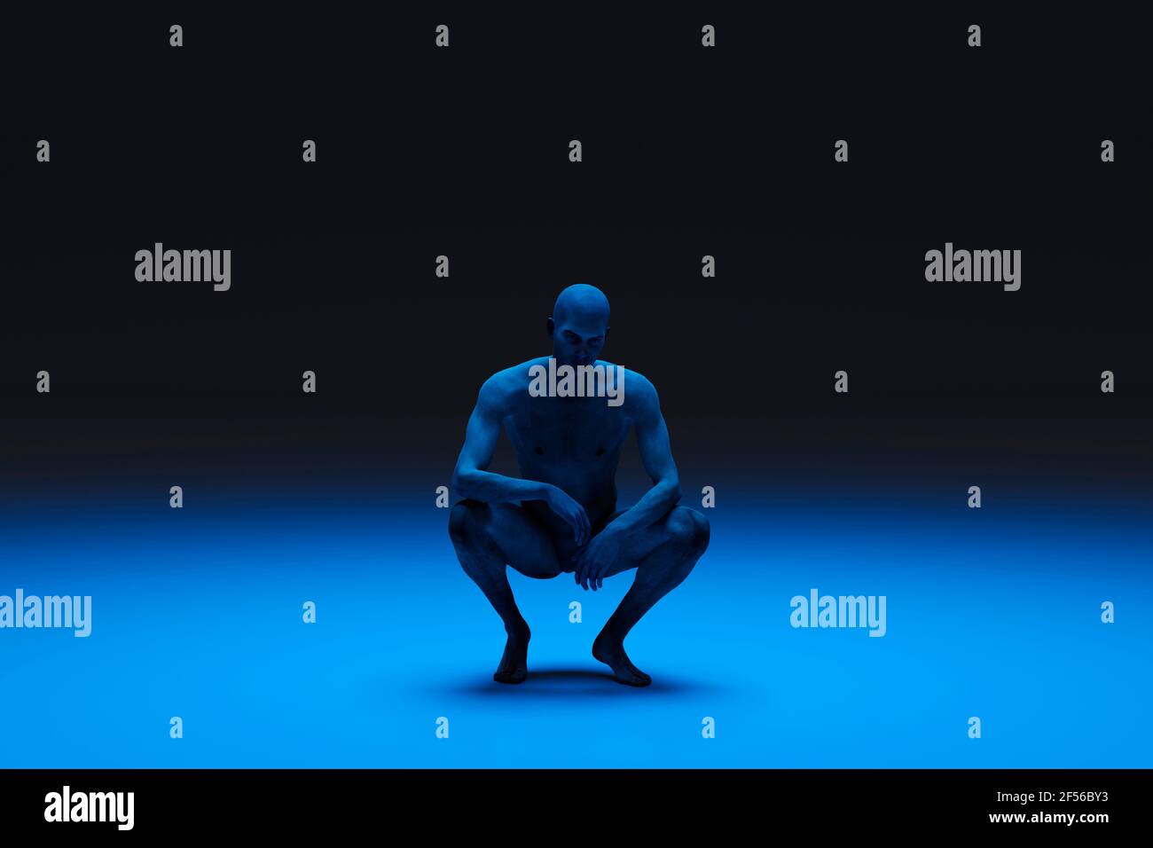 Three dimensional render of man crouching in dark area Stock Photo - Alamy