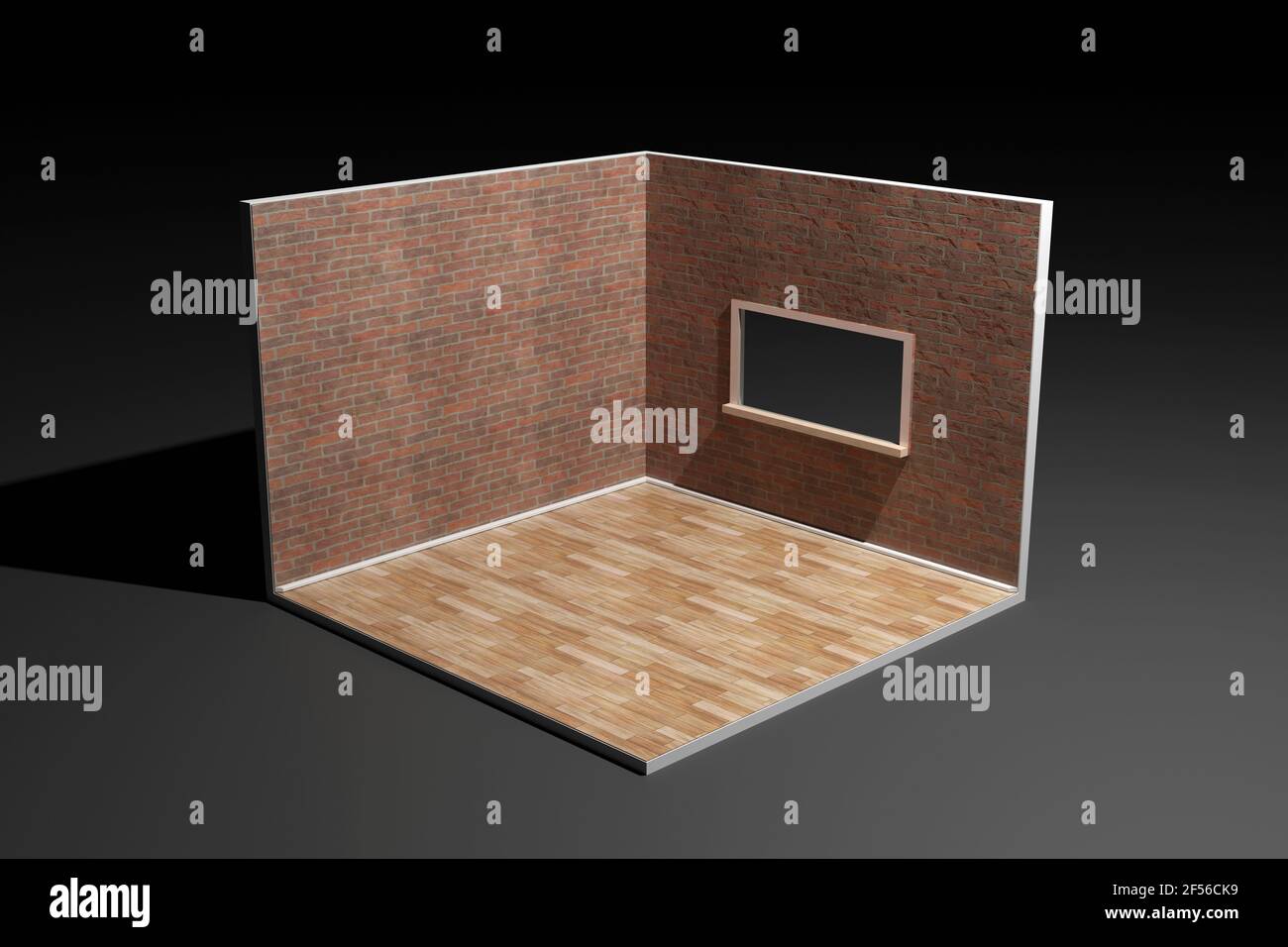 Three dimensional render of corner of empty room with brick walls and ...