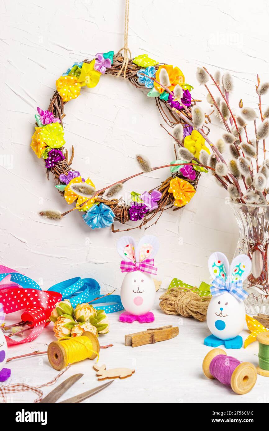 Festive Easter handmade concept. Traditional symbols with eggs, funny ...